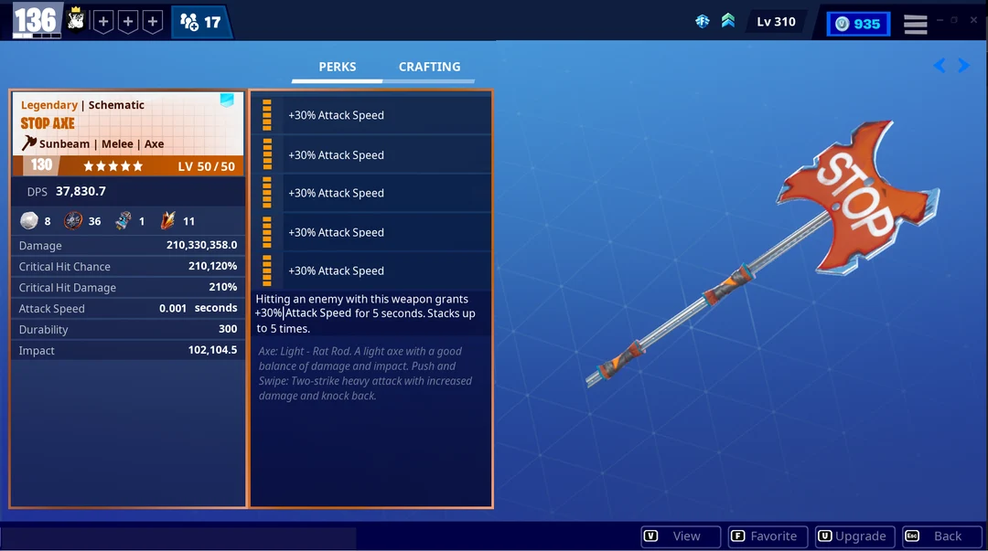 Legendary Stop Axe - Fully Perked | Scrolller