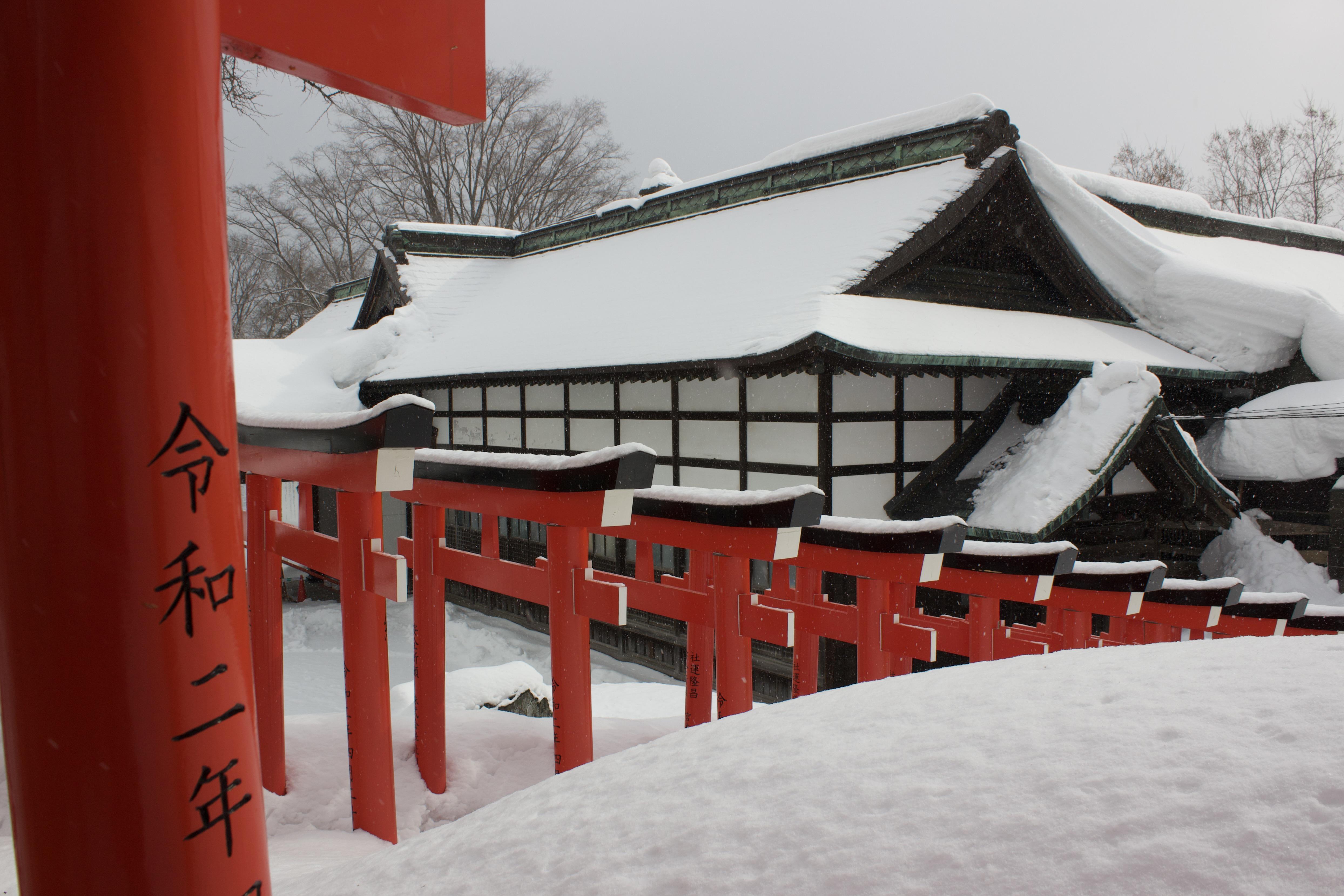 Fresh snowfall on a Shinto Temple in Otaru, Japan | Scrolller