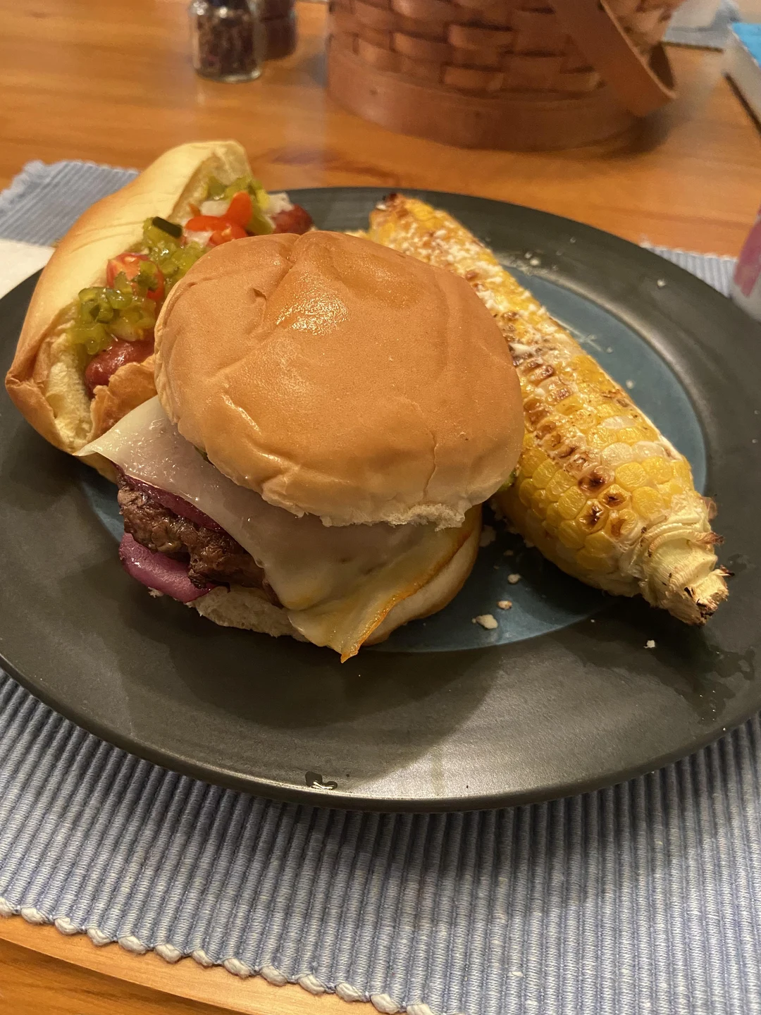 [homemade]Bison burger, hot dog, and Mexican street corn. All grilled. Fantastic dinner. | Scrolller