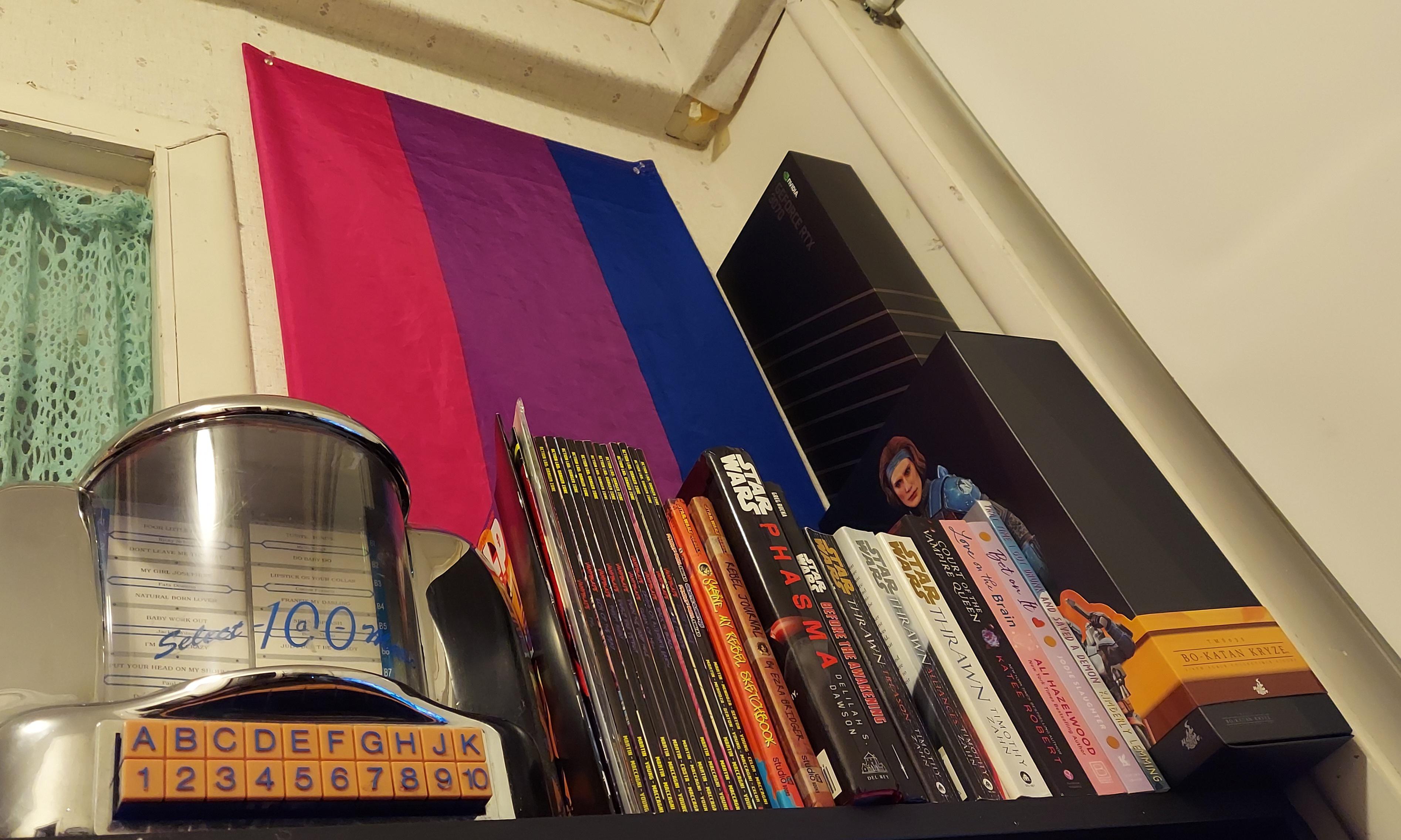 Discover more like Bisexual: Rearranged the shelf next to my computer and put my new flag up ...