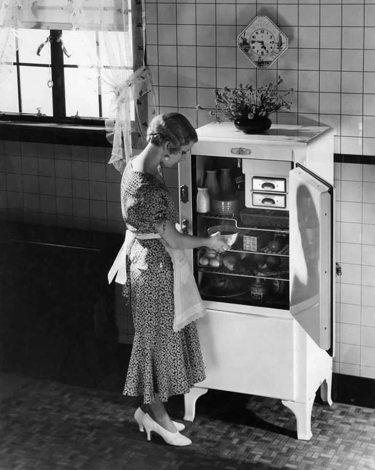 A woman places a bowl in her new refrigerator 1930's | Scrolller