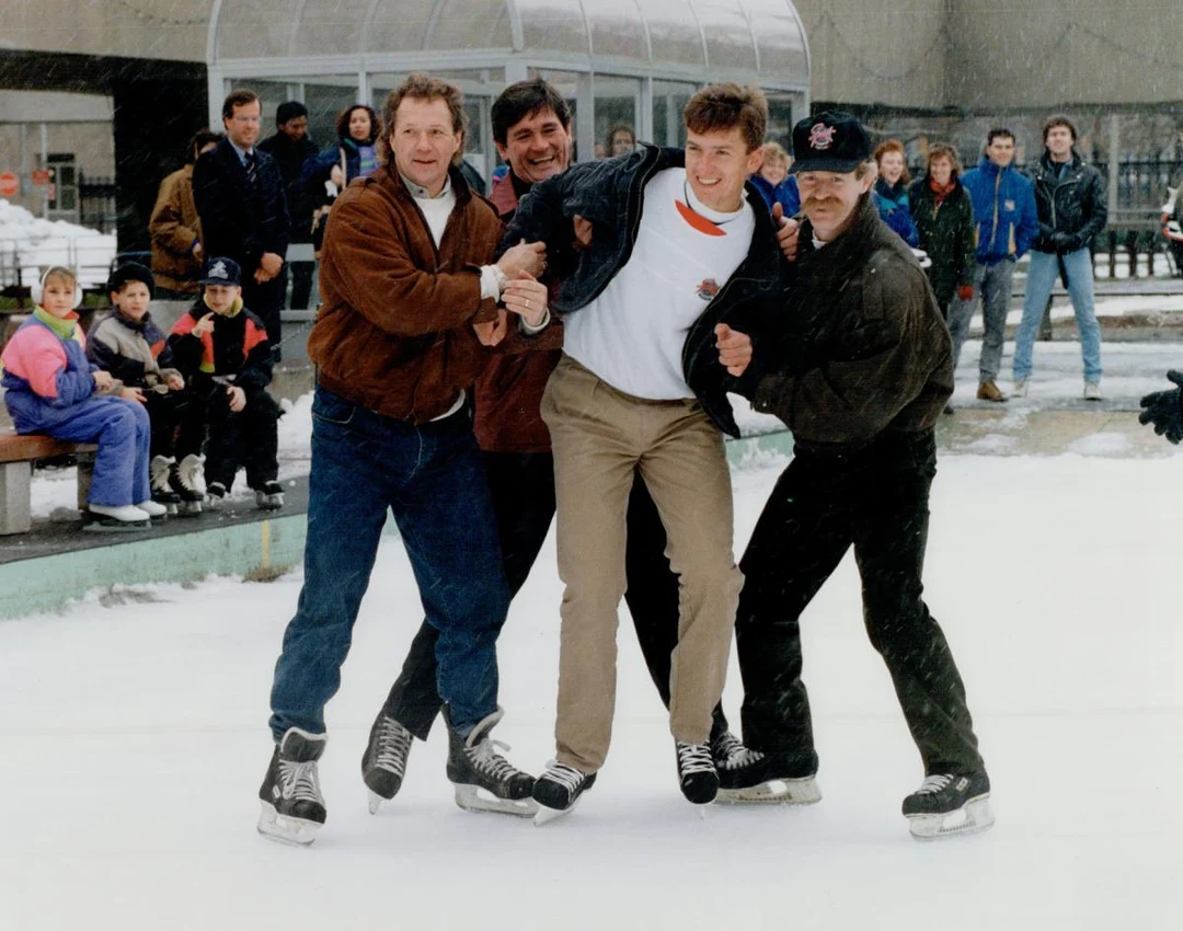 Daryl Sittler, Rick Vaive, John Olerod, and Lanny McDonald having a skate at Nathan Phillips ...