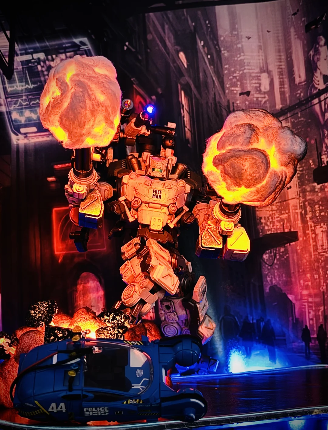 Mecha 890 Unloading Gatlin Cannons - A Cyberpunk Dystopian Skyline Scene | Scrolller