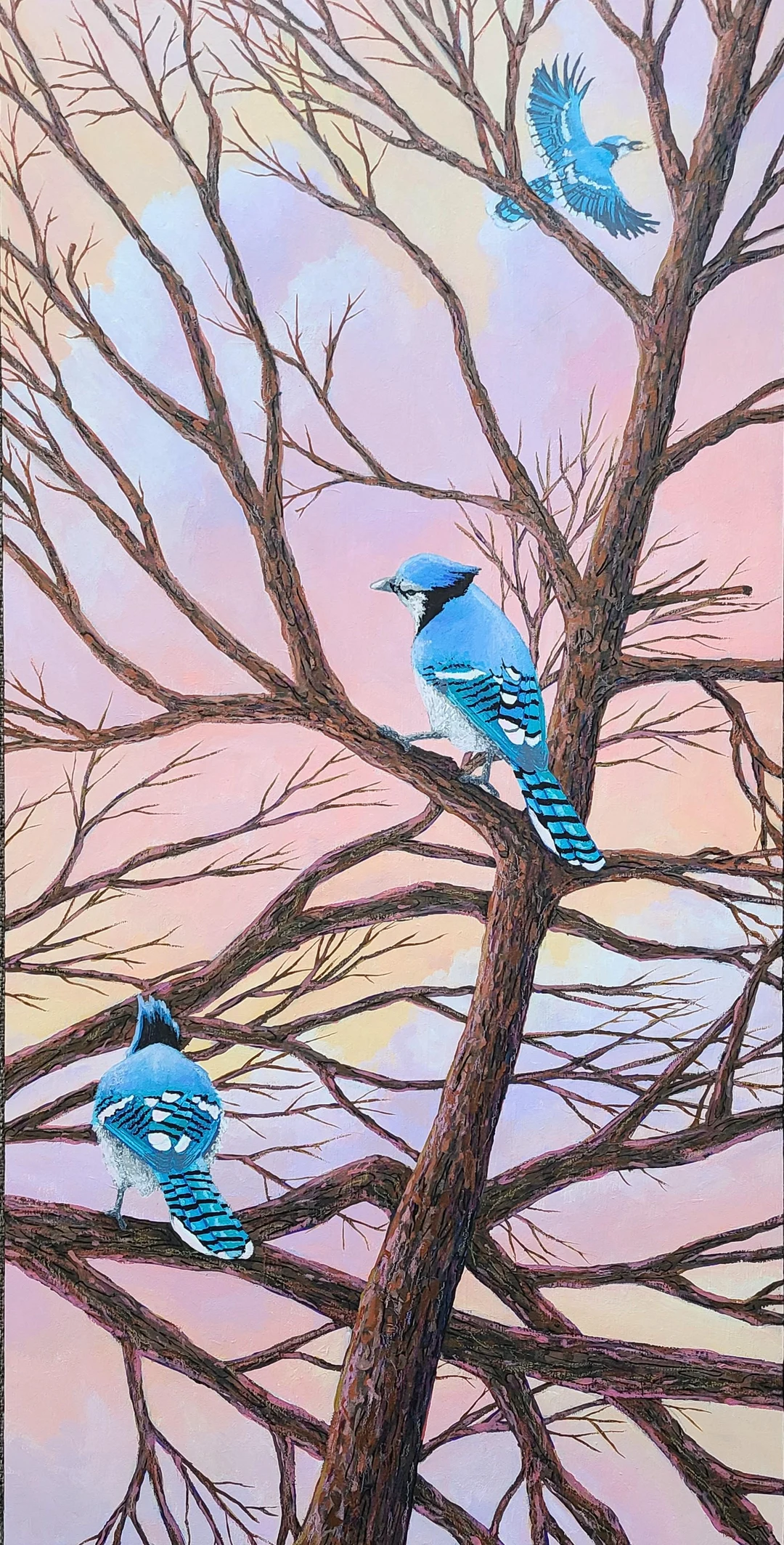 Feeding the Blue Jays, Melissa Fice, acrylic on wood, 2024 | Scrolller