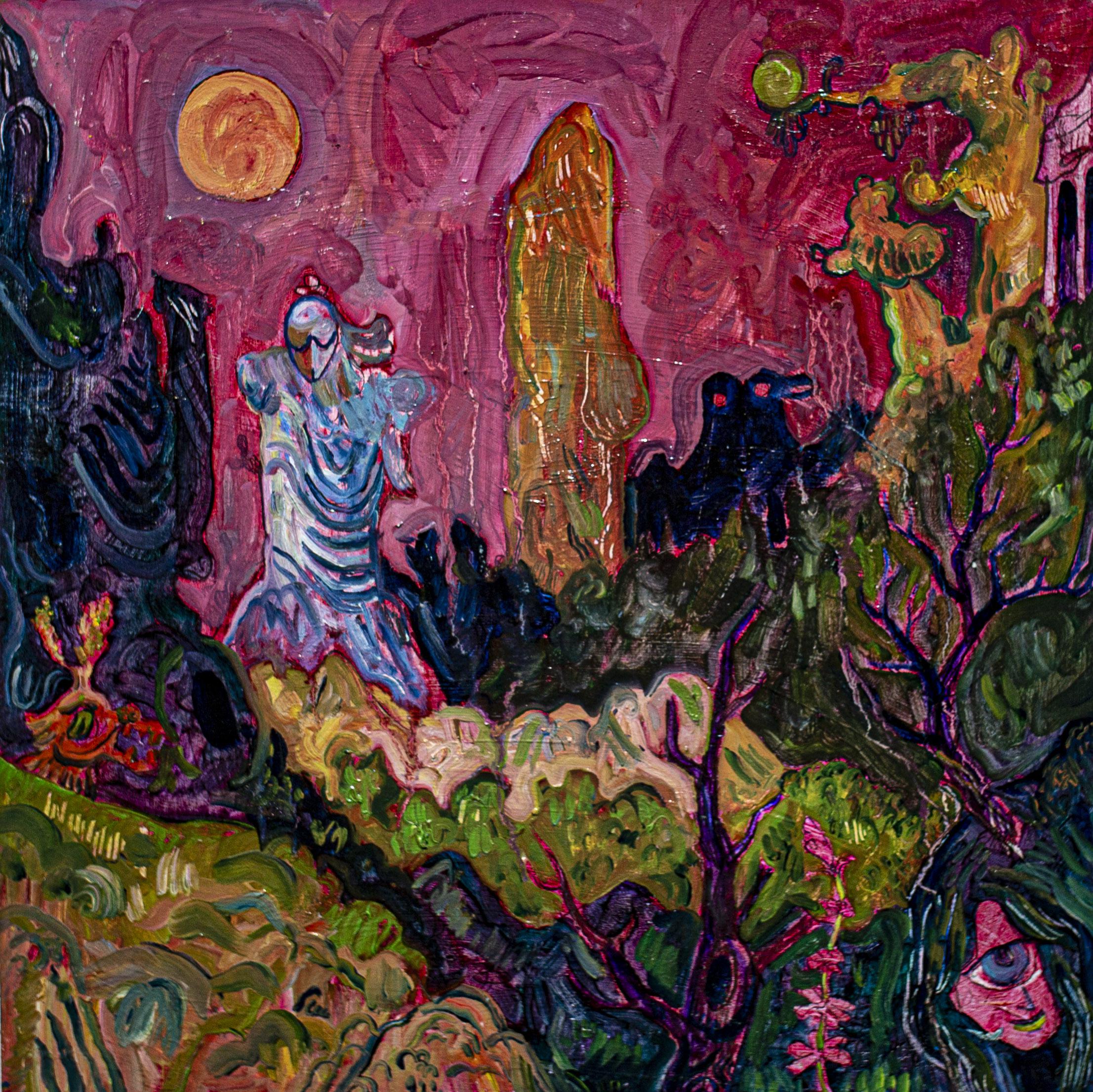 Twin Moons at Carcosa (View of the Ruins), Ryan O Price, Oil on wood, 2022 | Scrolller