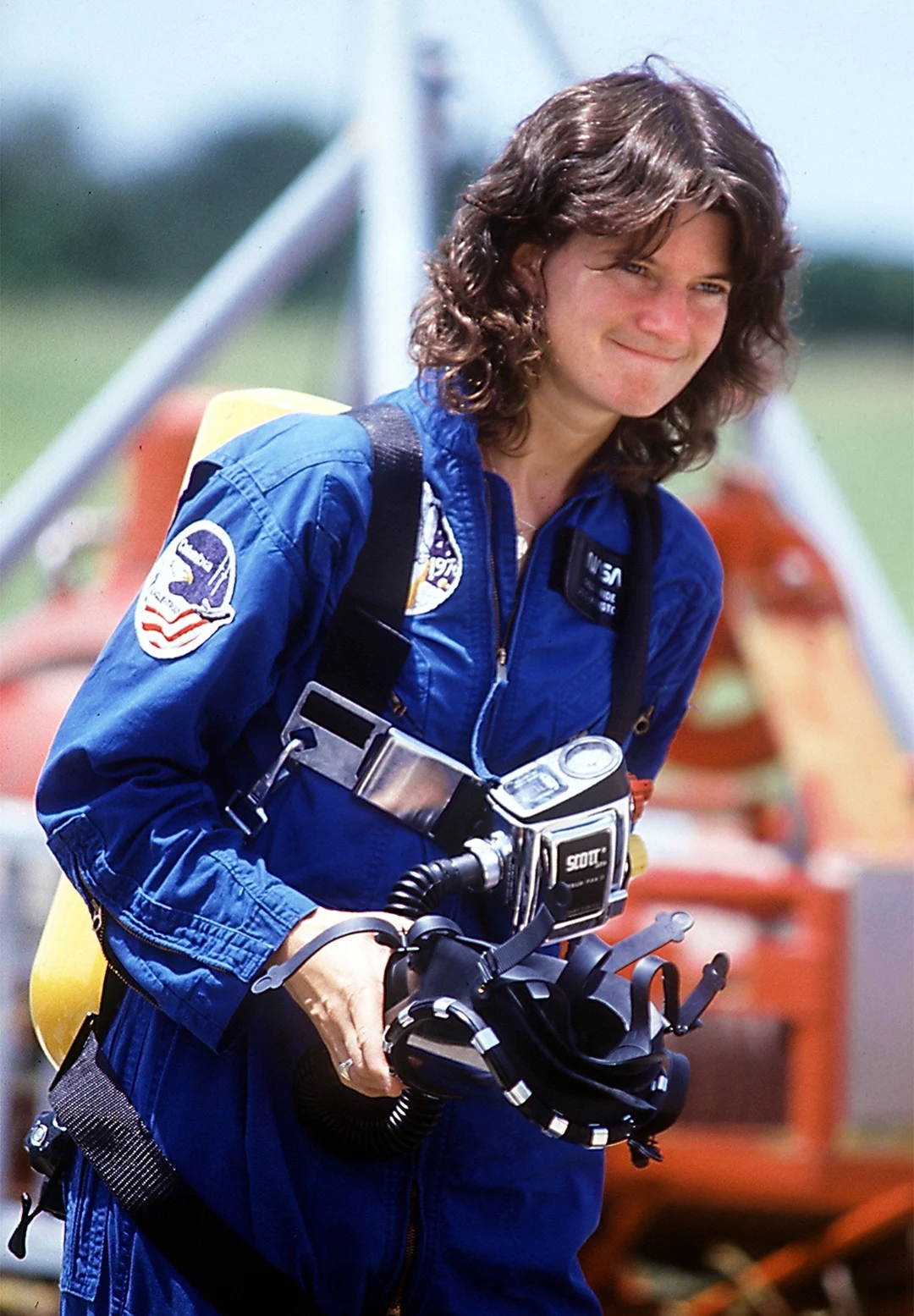Astronaut Sally Ride participating in a fire training exercise before her 1983 space shuttle ...