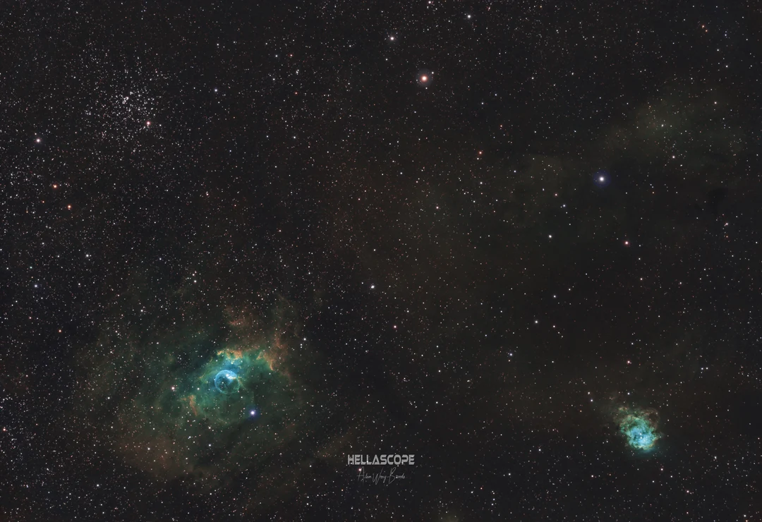 Bubble Nebula, Northern Lagoon Nebula, and M52 Star Cluster from a backyard in California ...