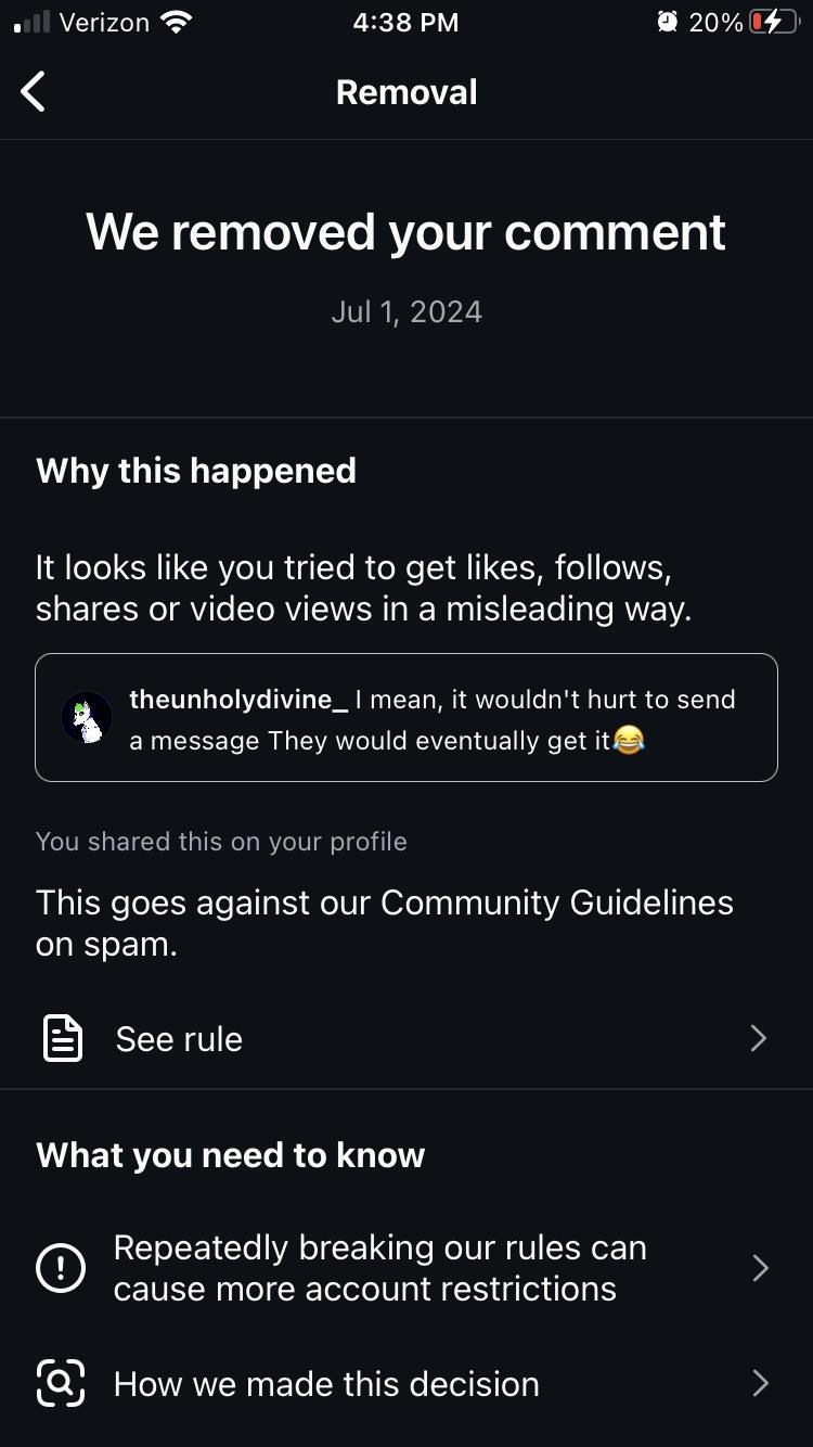 I made a comment that had nothing to do with breaking any rules, and yet I have restrictions on ...