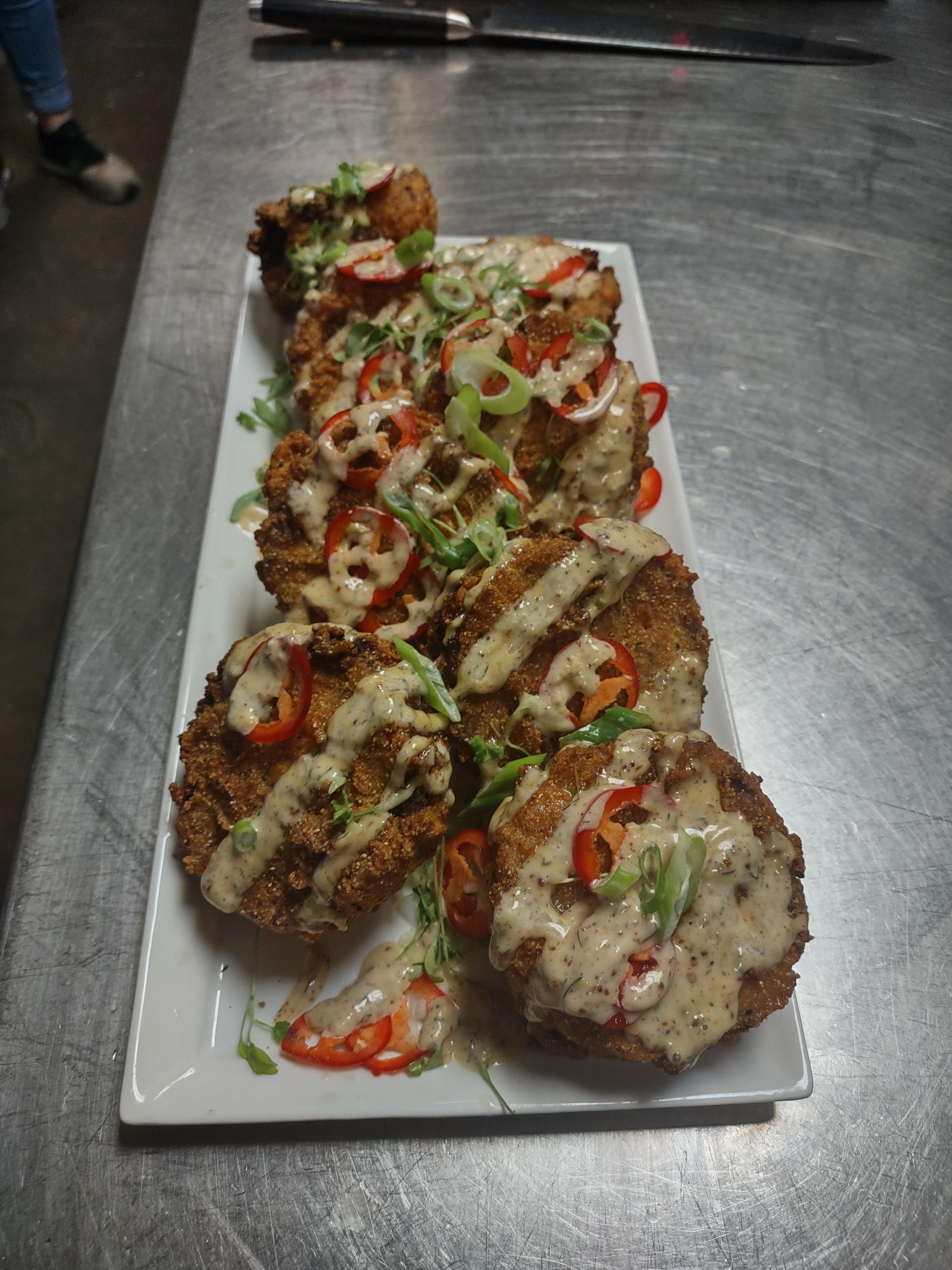 [pro/chef] salmon belly cakes with dill remoulade for staff snacks ...