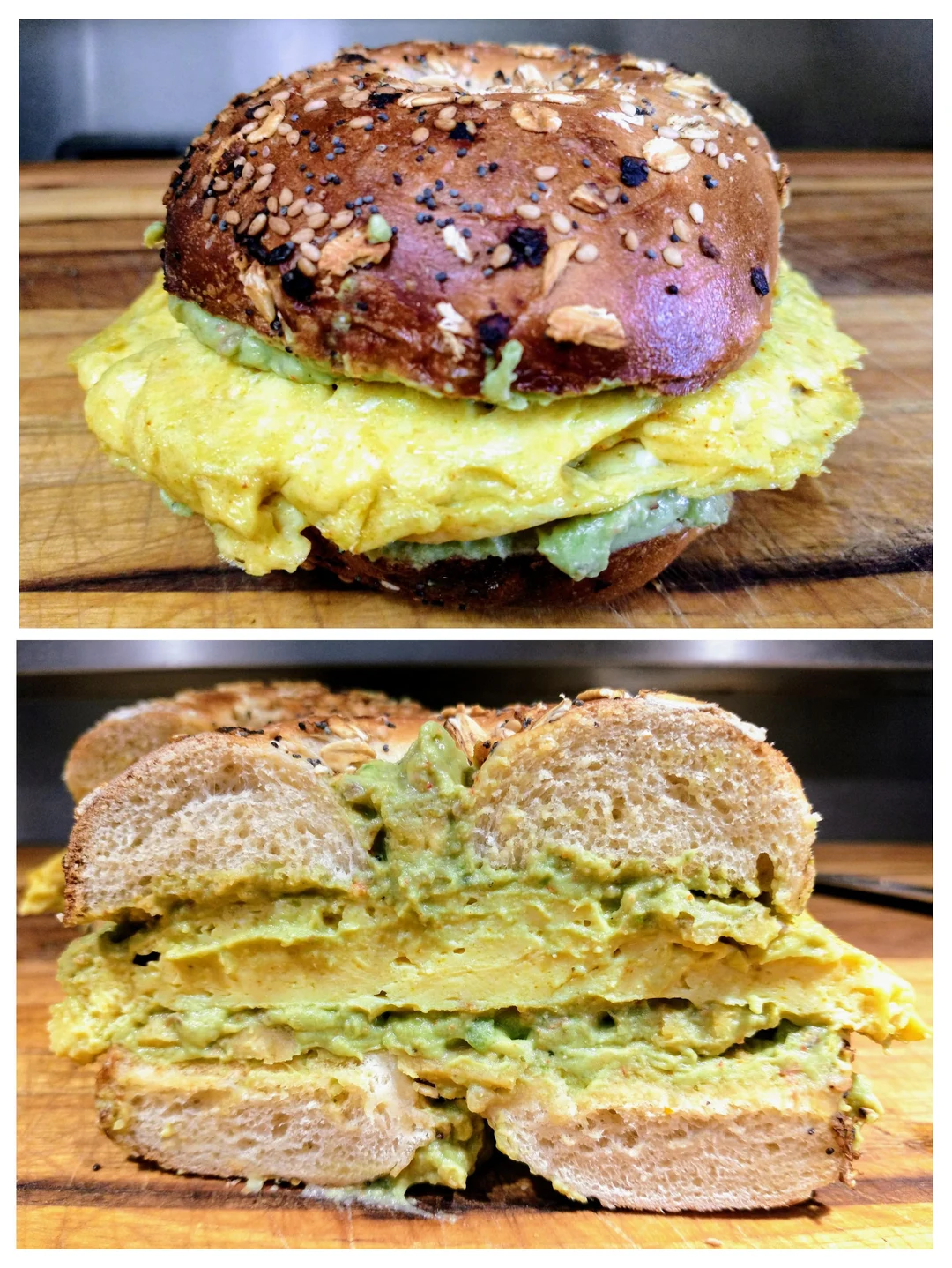 Homemade Bagel Egg Sandwich - Eggs and Avocado Cream Cheese Spread on Toasted Everything Bagel ...
