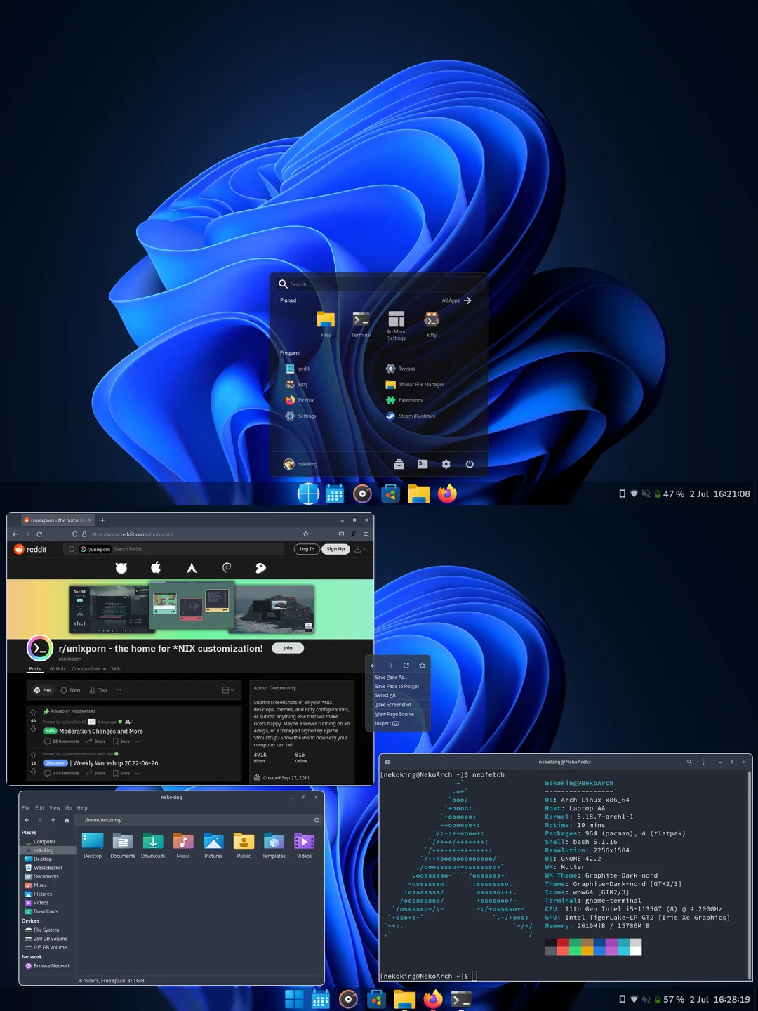 Discover more like Unixporn: [Gnome] Thought the Windows 11 'look' was neat, so I recreated it ...