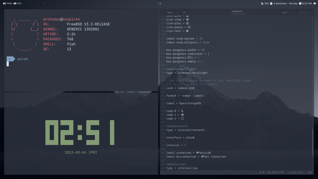 [FreeBSD + i3+ Polybar] Recreated my old rice from 2020 on FreeBSD ...