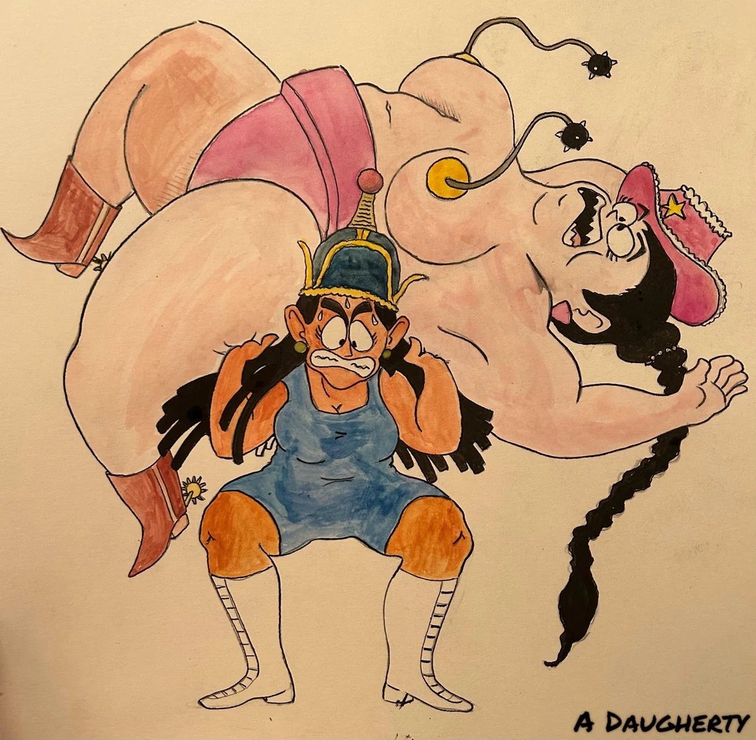 Wrestler vs Sumo Cowgirl, AndyDiplodocus (me), watercolor, 2023 | Scrolller