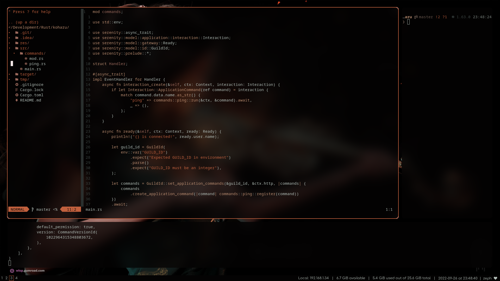 [i3-gaps] New i3 setup I made yesterday, third rice I ever made. Everything syncs with pywal, so ...