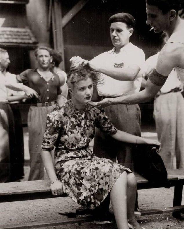 Frenchmen shaving a woman's head, 1944 | Scrolller