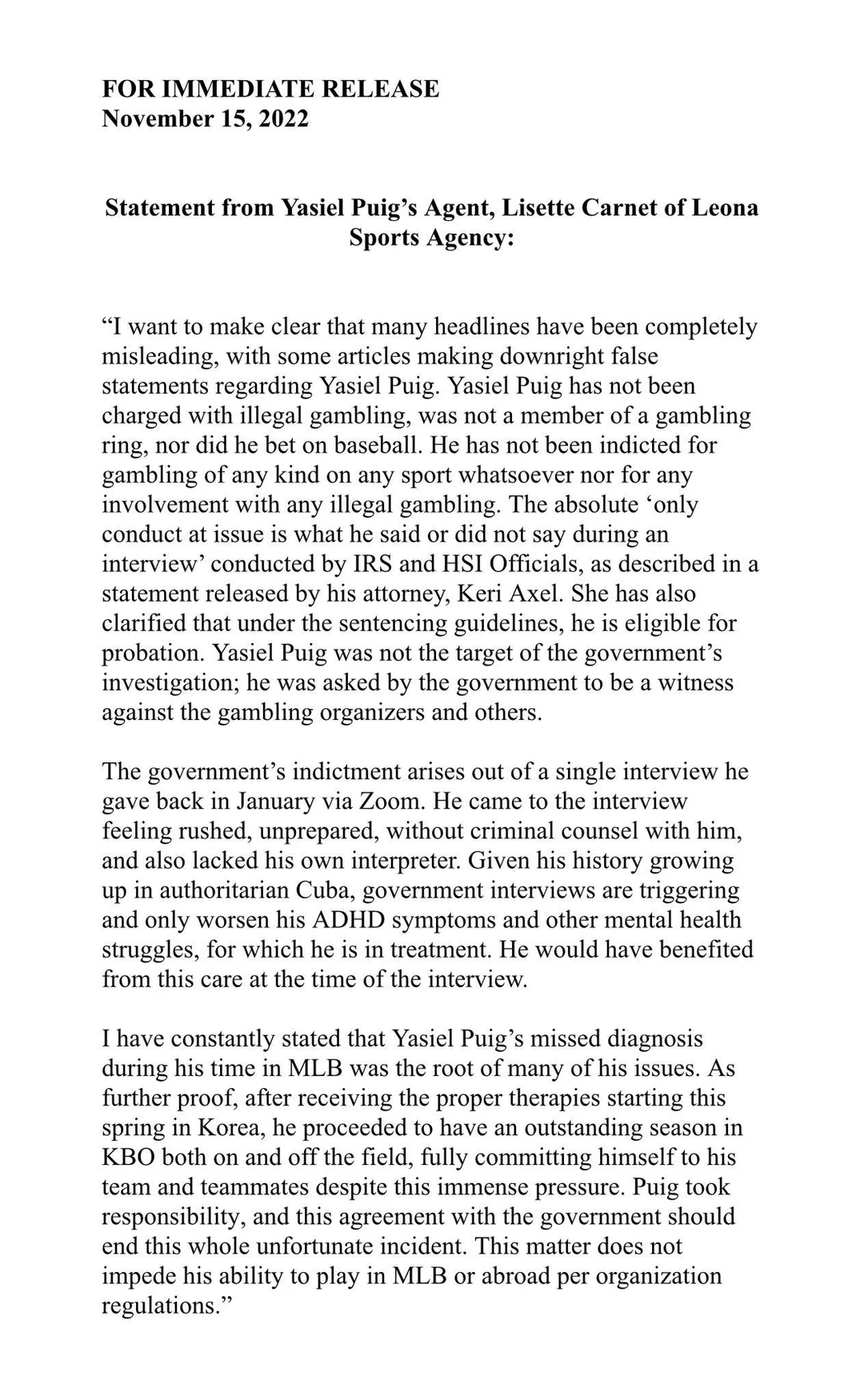 [LisetteCarnet] Statement from Yasiel Puig’s Agent | Scrolller