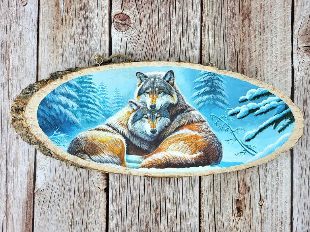 Winter wolves, AndeeArt illustration, acrylic on wood slice, 2023 | Scrolller