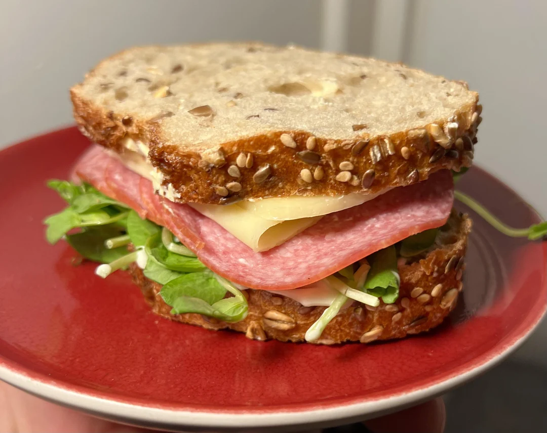 Salami, Swiss and pea shoots, with mayo on multiseed | Scrolller