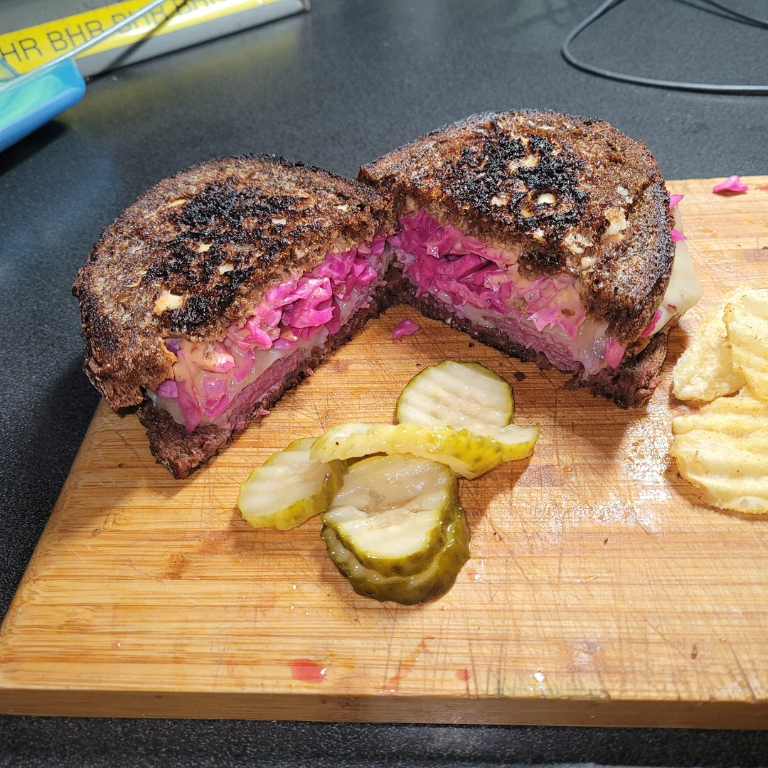 Pastrami, Swiss cheese, homemade pickled red cabbage, thousand island dressing on grilled ...