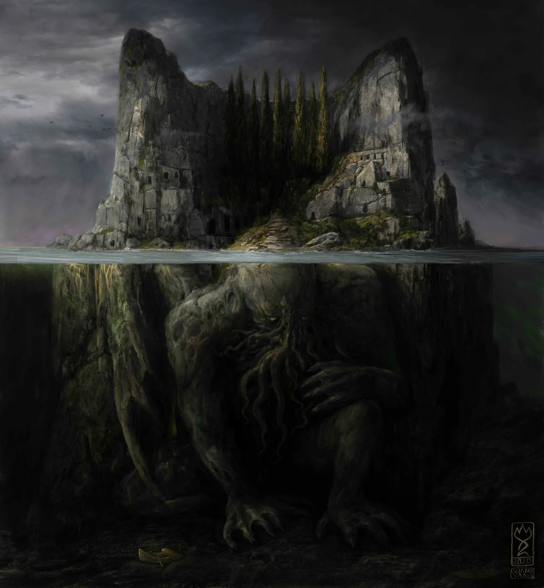 "Cthulhu Under The Isle of The Dead" by Guang Yang, in homage to Arnold Böcklin and HP Lovecraft ...