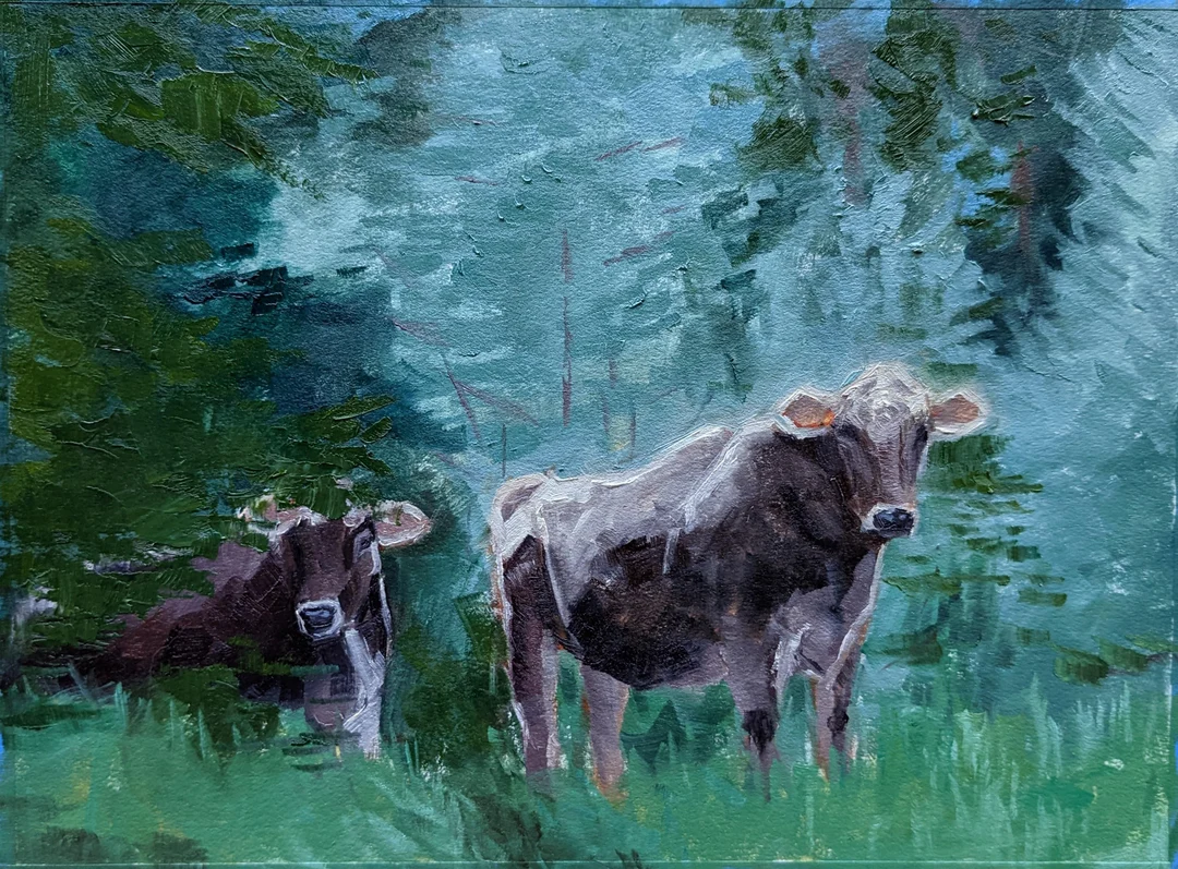 Cows in the forest, Kelsey Clarke/me, Oil on paper, 2022 | Scrolller