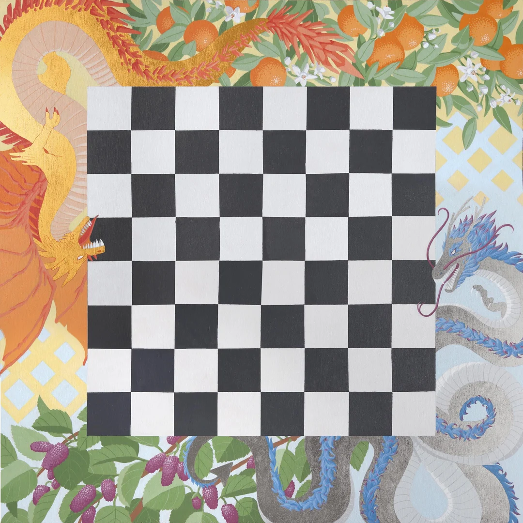 Dueling Dragons Chessboard, Karen Remsen (me), Acrylic, gold leaf, and platinum leaf, 2024 ...