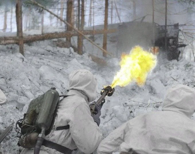 The Finnish assault group is practising with the Soviet flamethrower ROKS-2 during the exercises ...