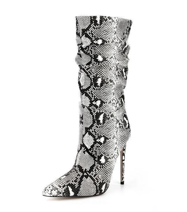 White And Black Snakeskin Still Heeled Boot | Scrolller