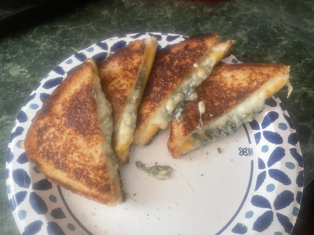 Smokehouse cheddar, blue cheese, and havarti on white, cooked with mayo, served with Buffalo ...