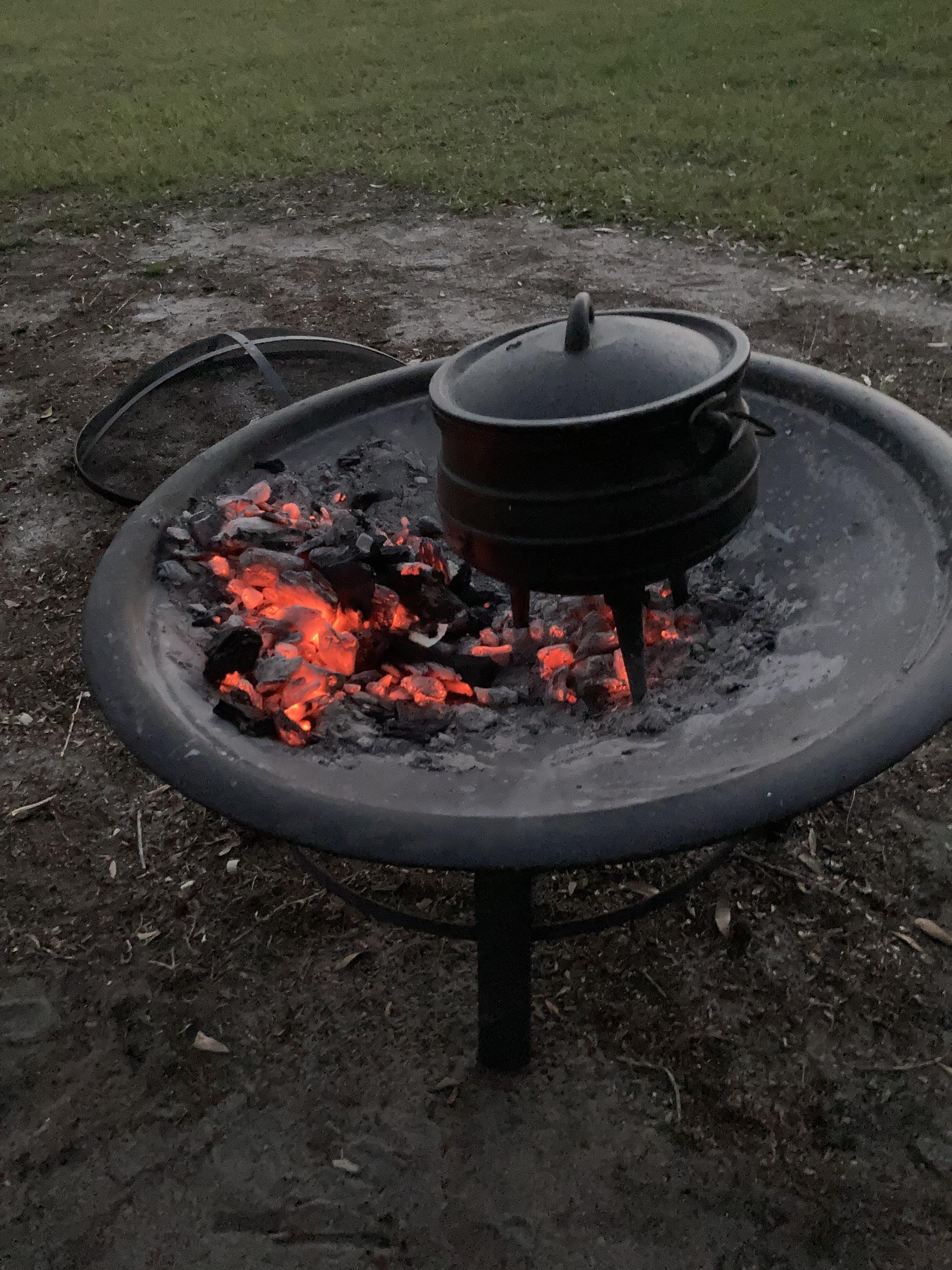 Finally cooked over coals with my cauldron! South African style of cooking called potjiekos ...