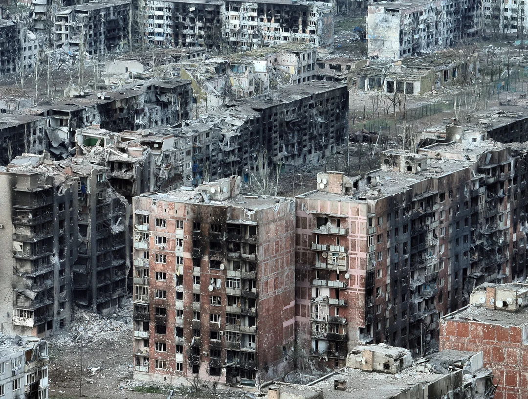 Apartment blocks completely destroyed by the Russian army's shelling in the city of Bakhmut ...