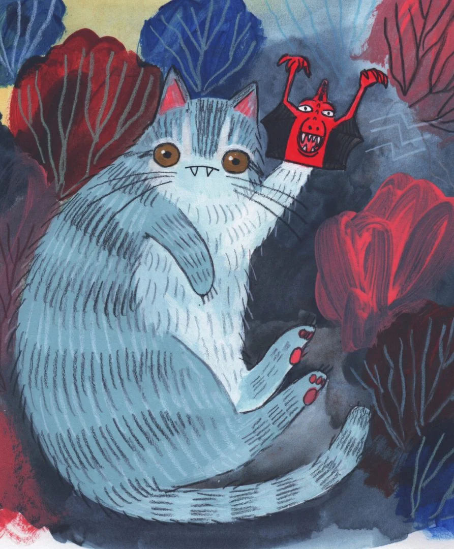 Cat and monster finger puppet painting by me. Acrylic and watercolor on 8x10" paper. | Scrolller