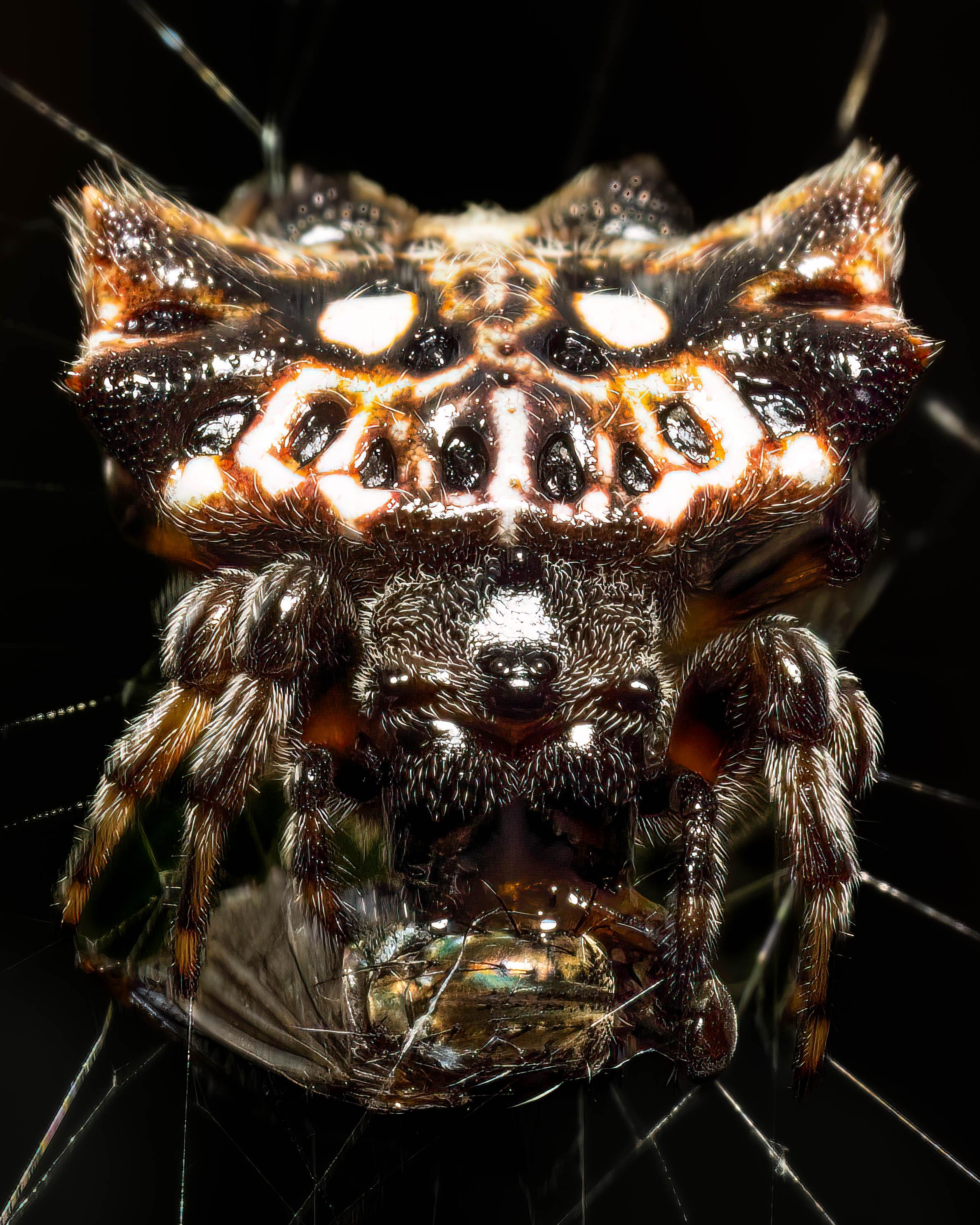 Spiney orb weaver with a fly. Canon R6, RF 100mm Macro, Godox V860III | Scrolller