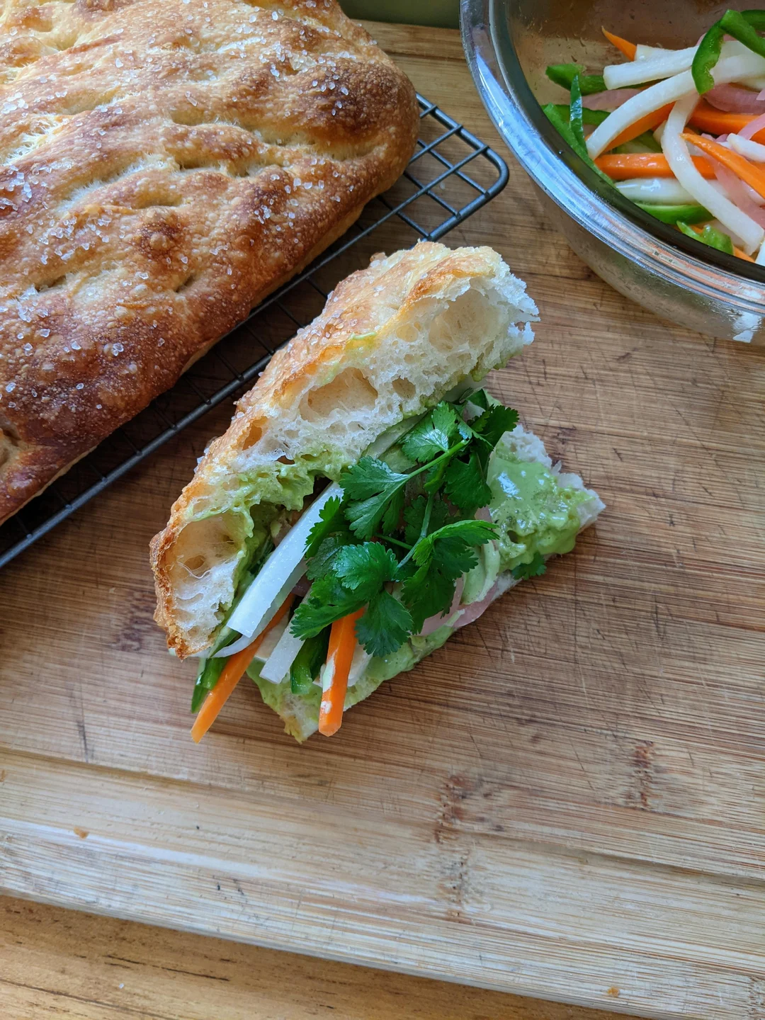 Tofu Banh Mi w/ Cilantro Aioli, Pickled Veggies, and Fresh Cilantro on Homemade Focaccia | Scrolller