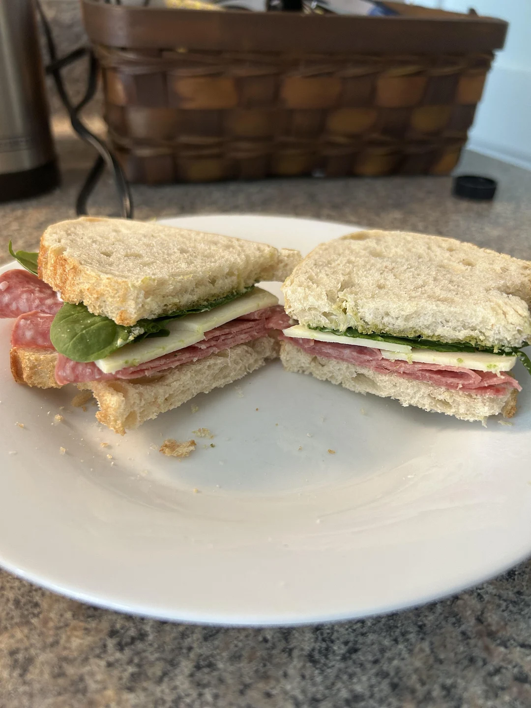 Nothin too fancy. Salami, provolone, pesto, Dukes mayo, spinach on French bread | Scrolller