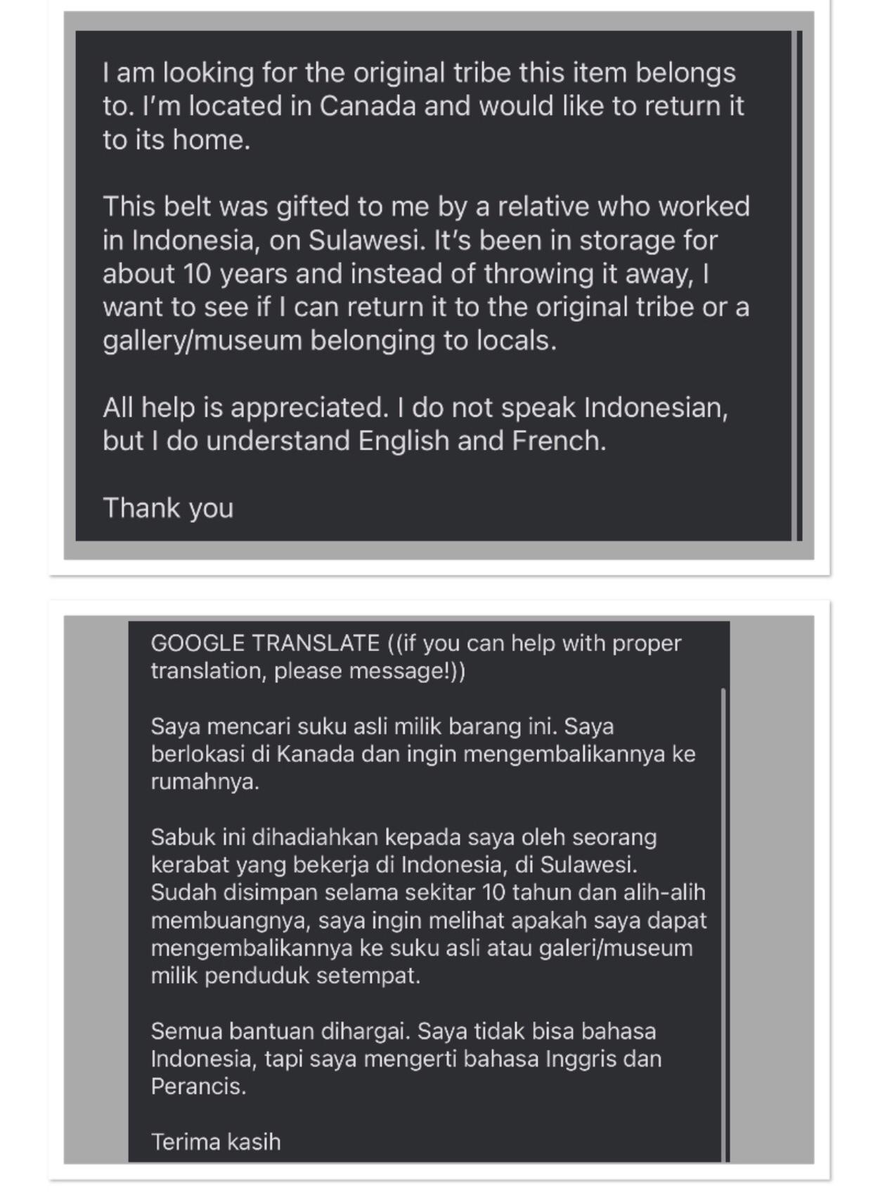 I am looking for the original tribe this item belongs to / Saya mencari suku asli milik barang ...