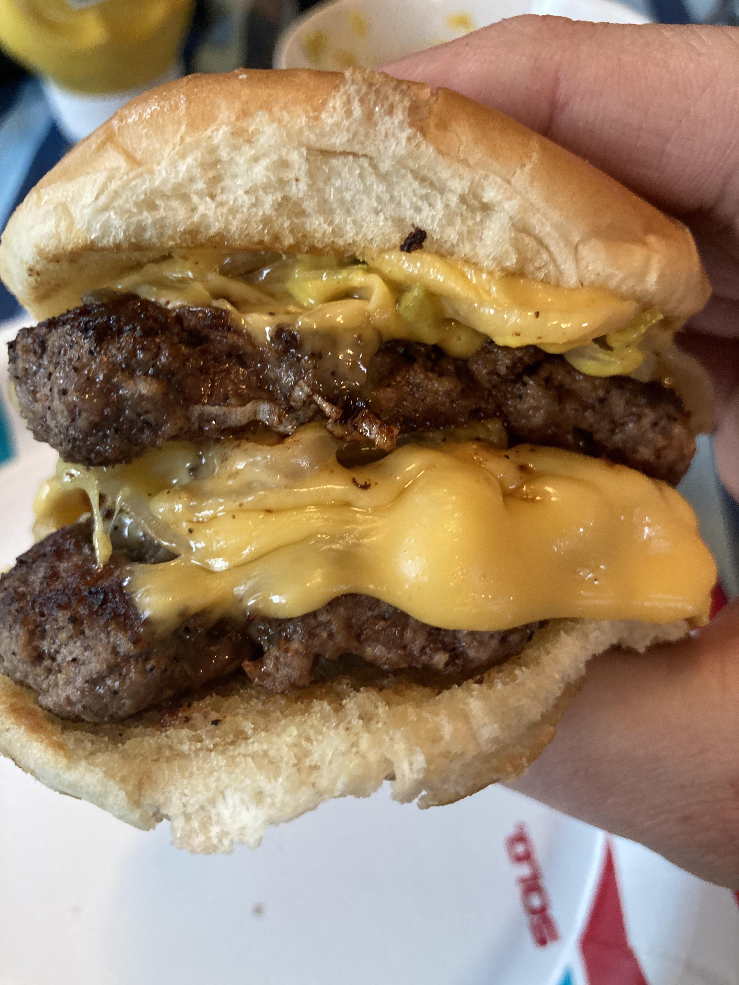 [Homemade] Double cheeseburger with onions and a pickle-mustard-Tabasco relish | Scrolller