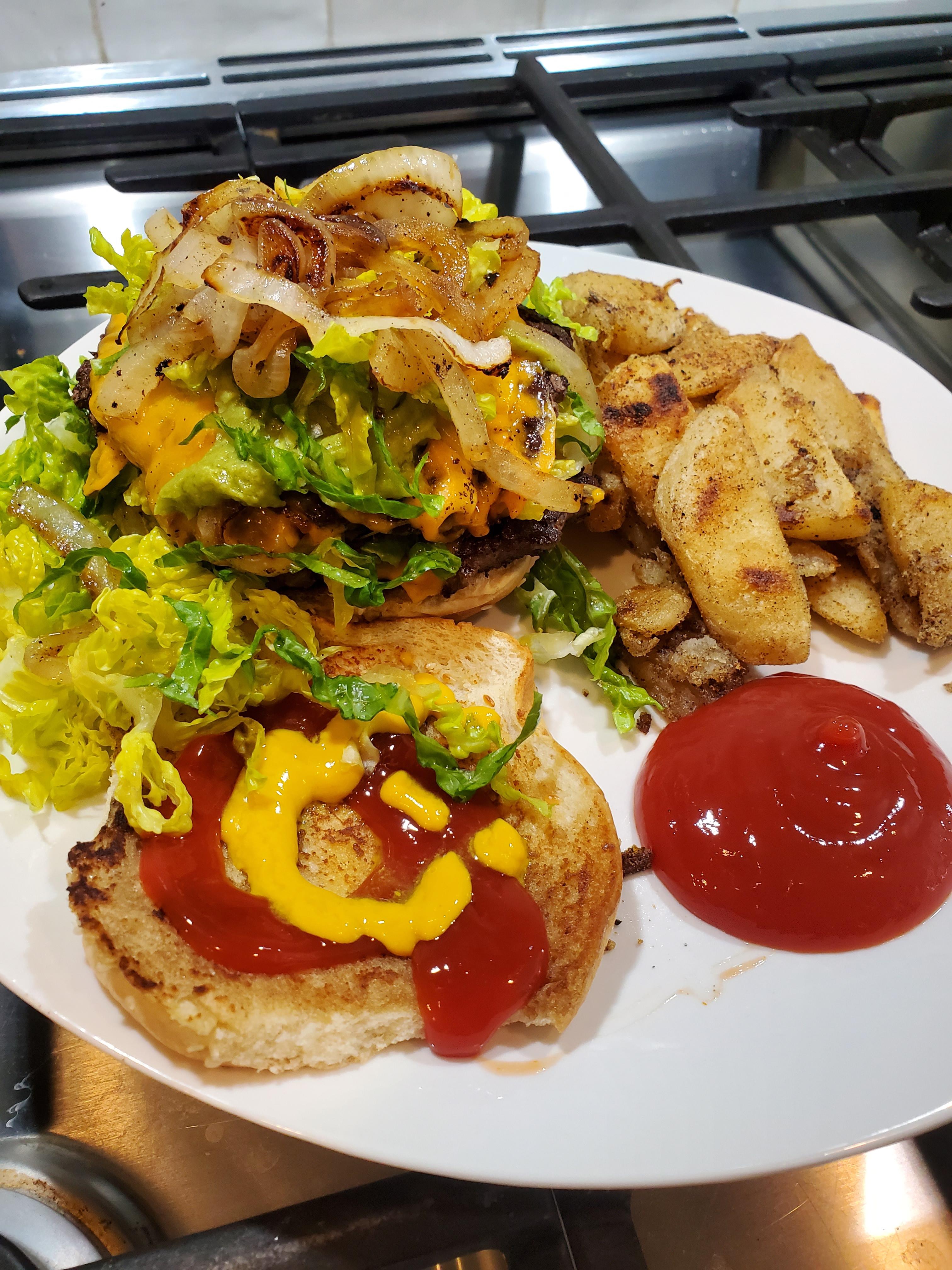 [Homemade] Avocado smash burger with steak fries | Scrolller