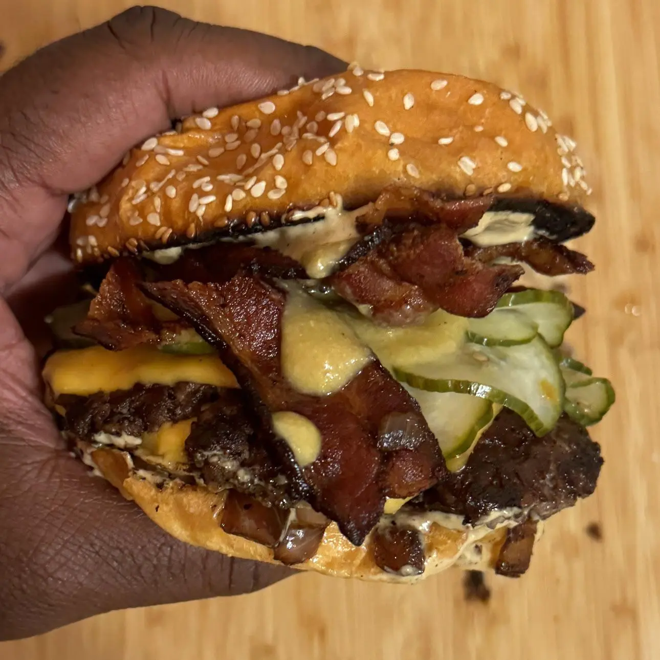 homemade bacon double smashburger with caramelized onions and hella pickles (sunomono) | Scrolller