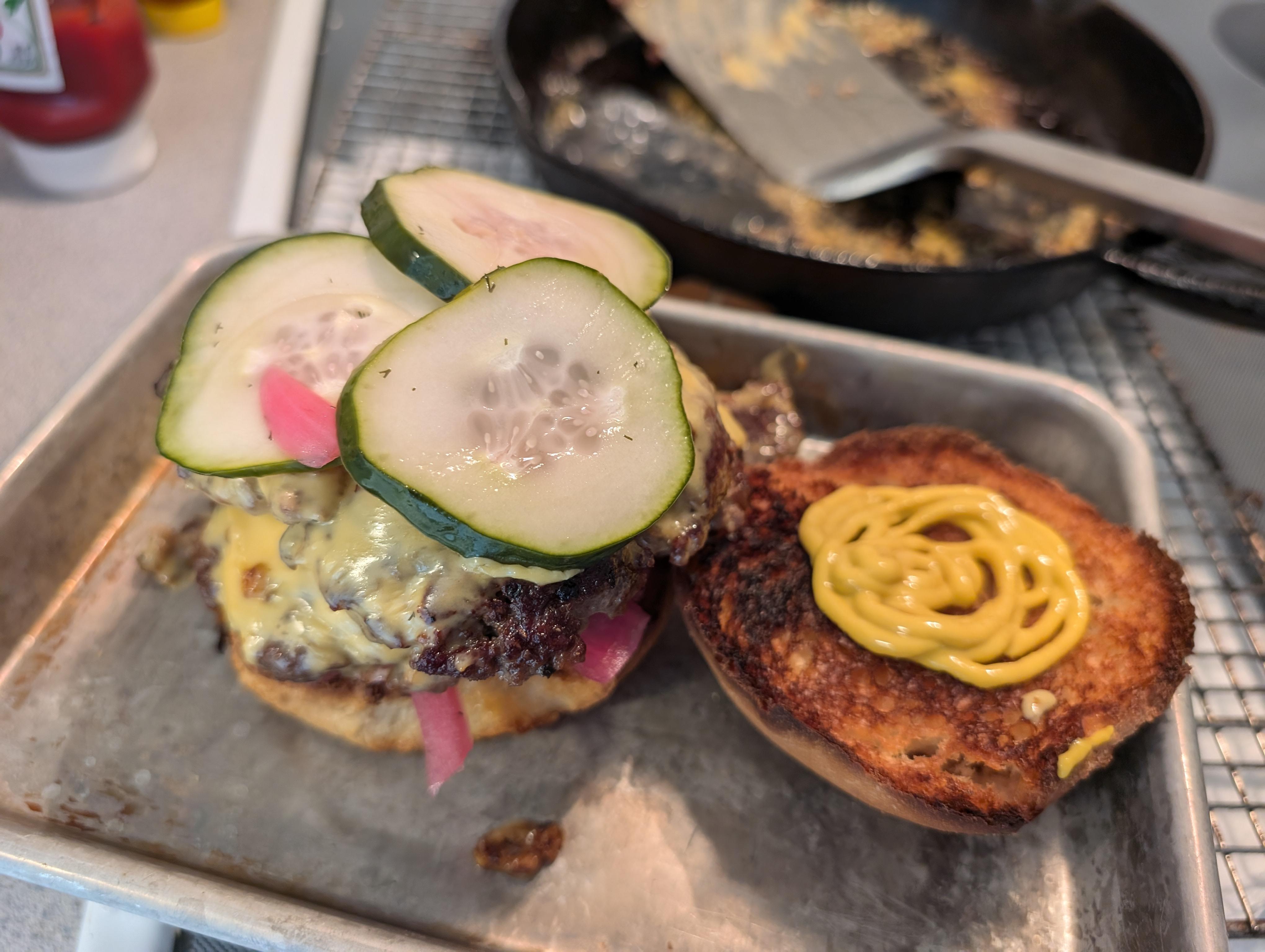 [homemade] smash burger with dill pickled cucumber and red onion. | Scrolller