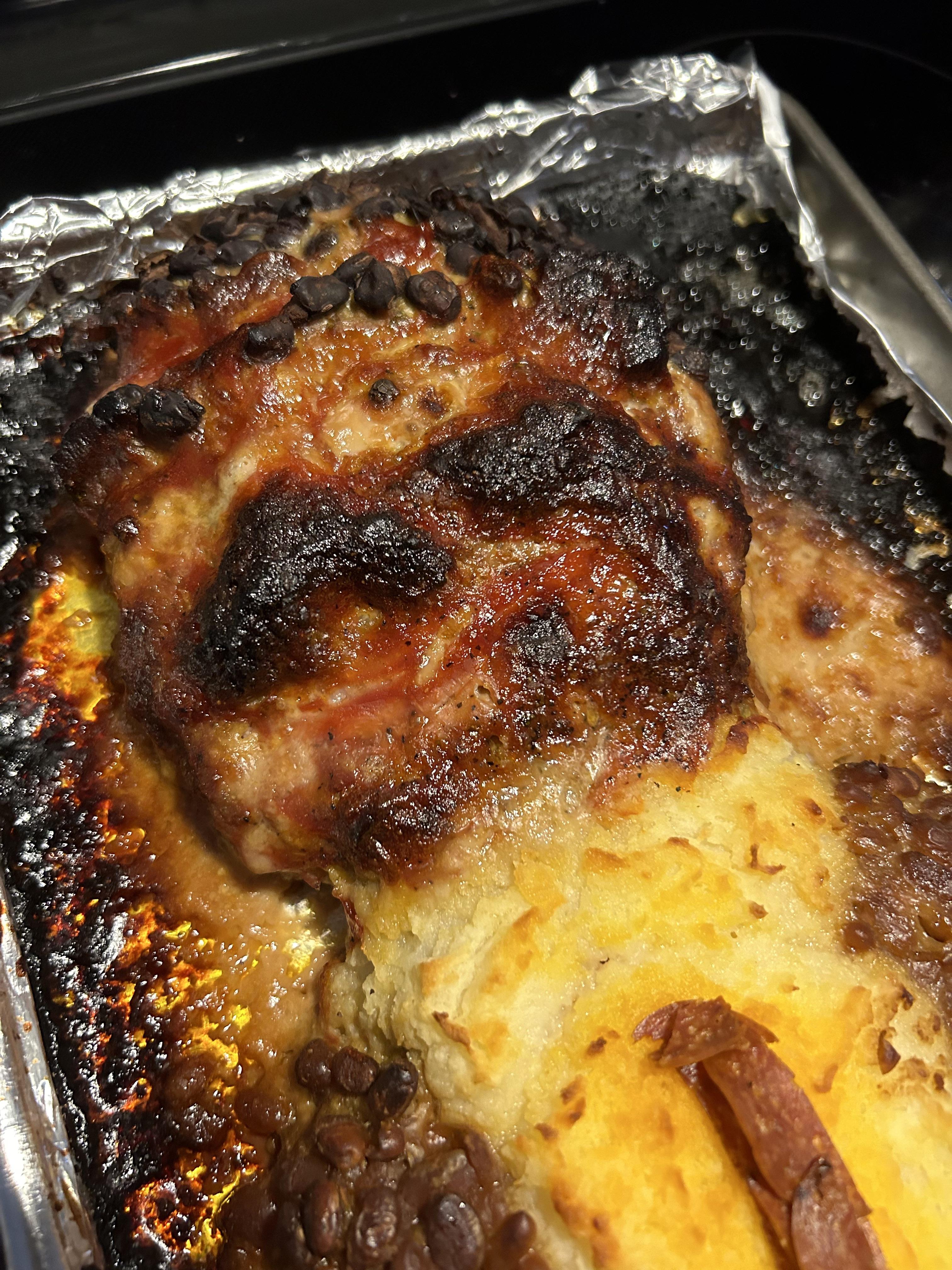 [homemade] Barbecue Glazed Mr. Beanff Loaf With Baked Beans and Mashed Potatoes | Scrolller