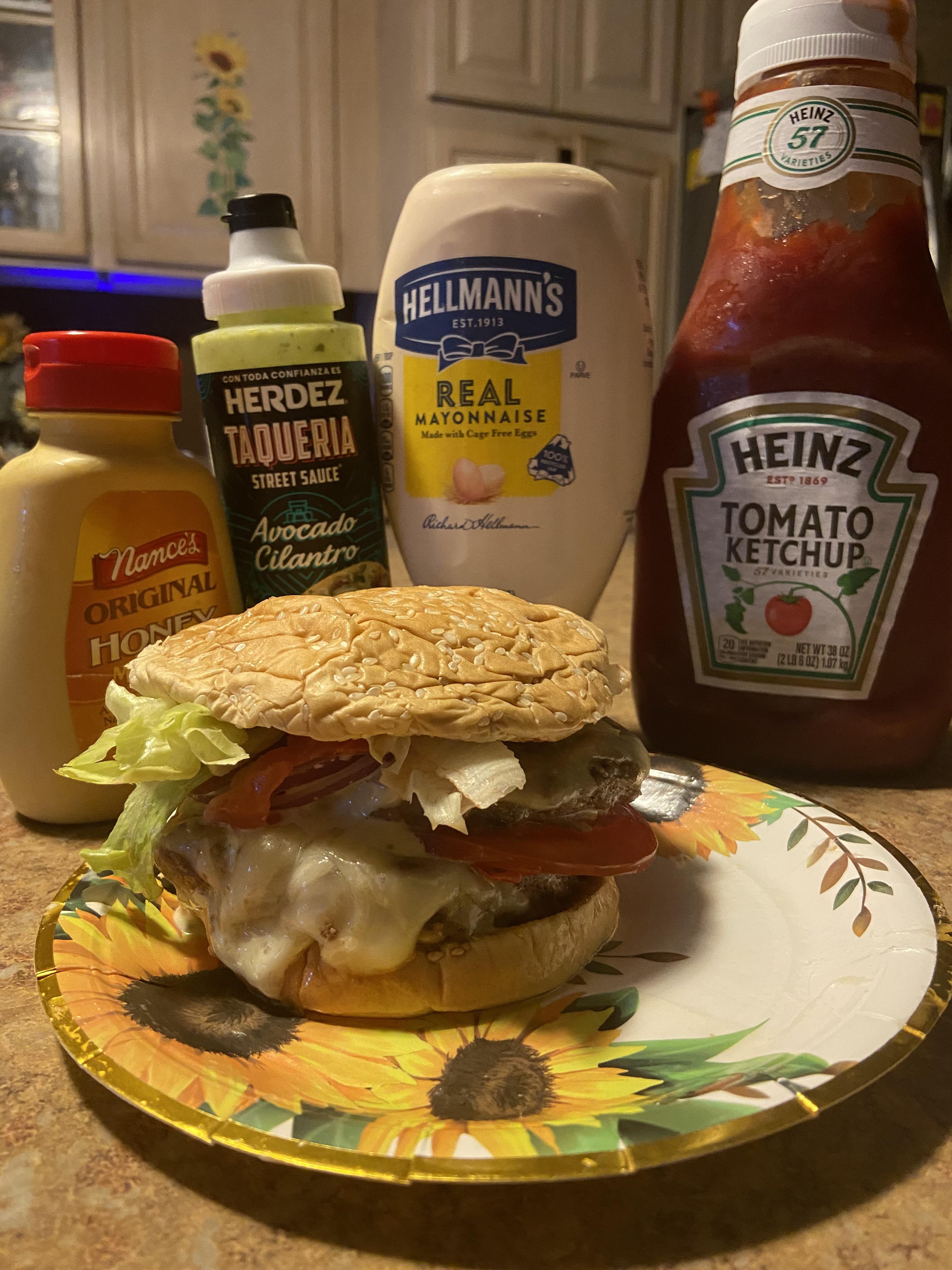 Double burger with Swiss cheese and slightly experimental sauce mixture | Scrolller