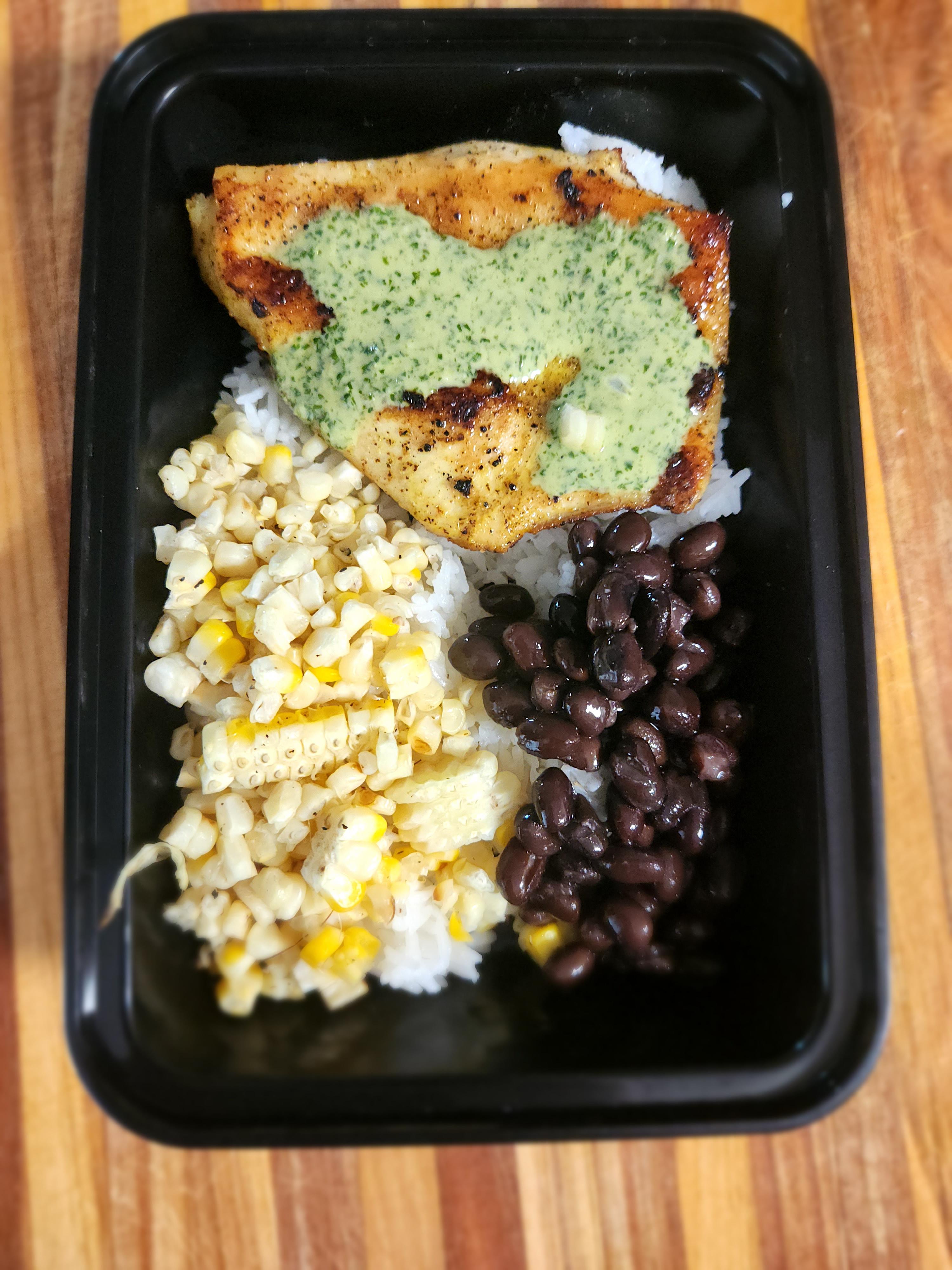 [Homemade] Adobe Chicken with Cilantro Crema, Grilled Corn, and Black ...