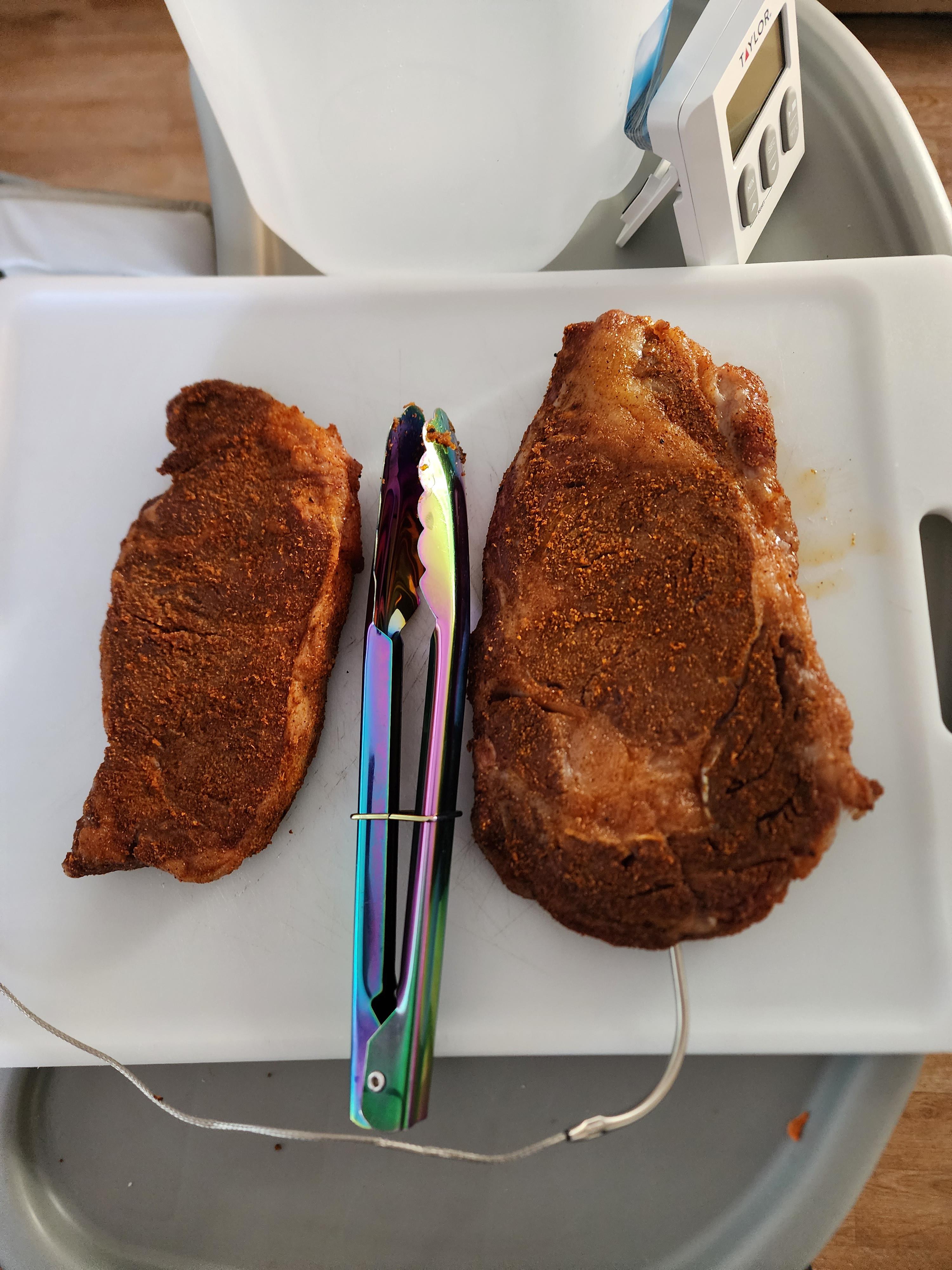 2nd attempt at reverse sear actually using thermostat, first is after oven to 115, then finished ...