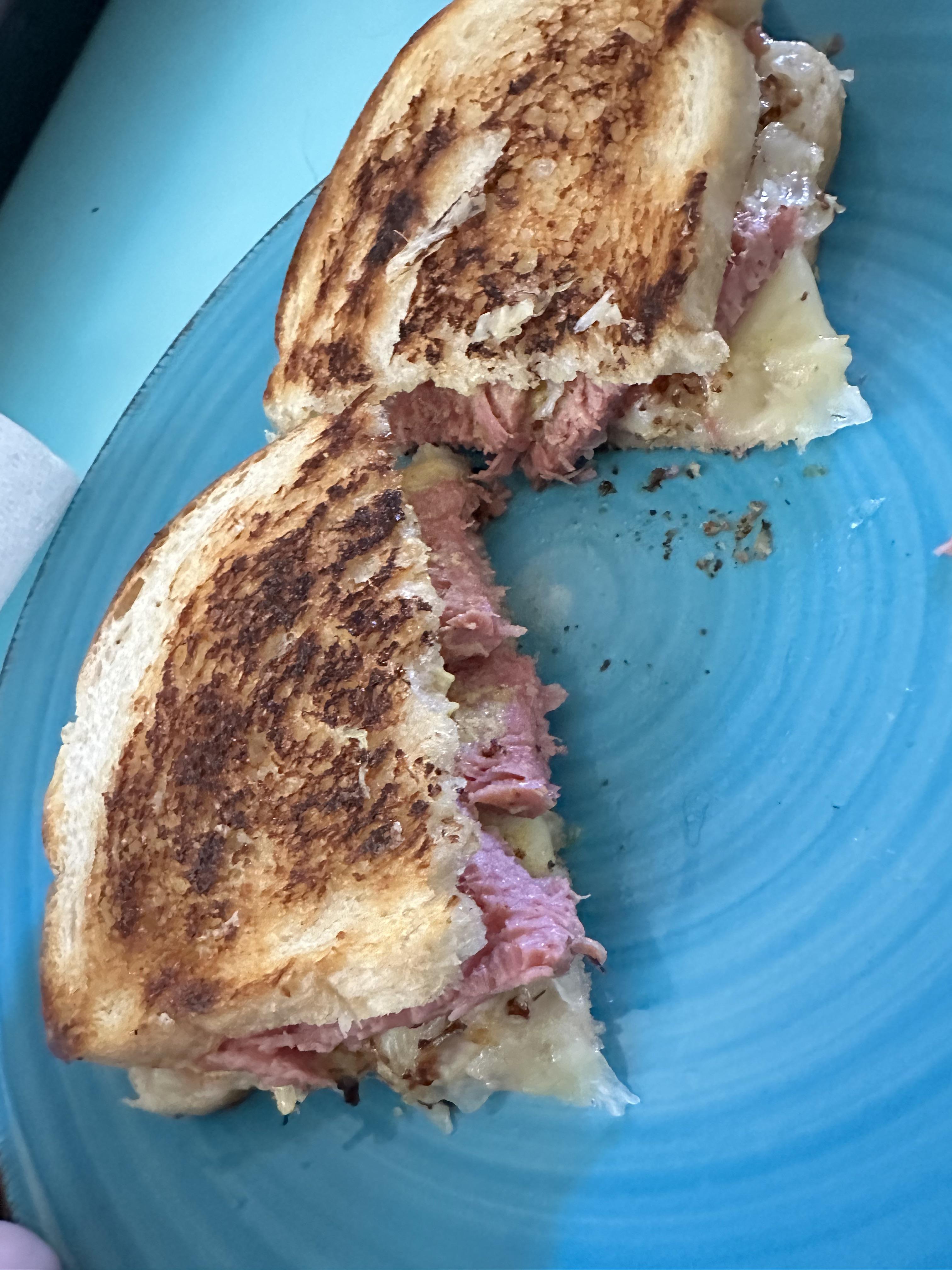 Made this sandwich twice in one day. Corned beef, pepperjack cheese, grilled kraut, and brown ...