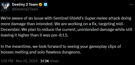 Sentinel Shield damage confirmed bugged, fix coming mid-December | Scrolller