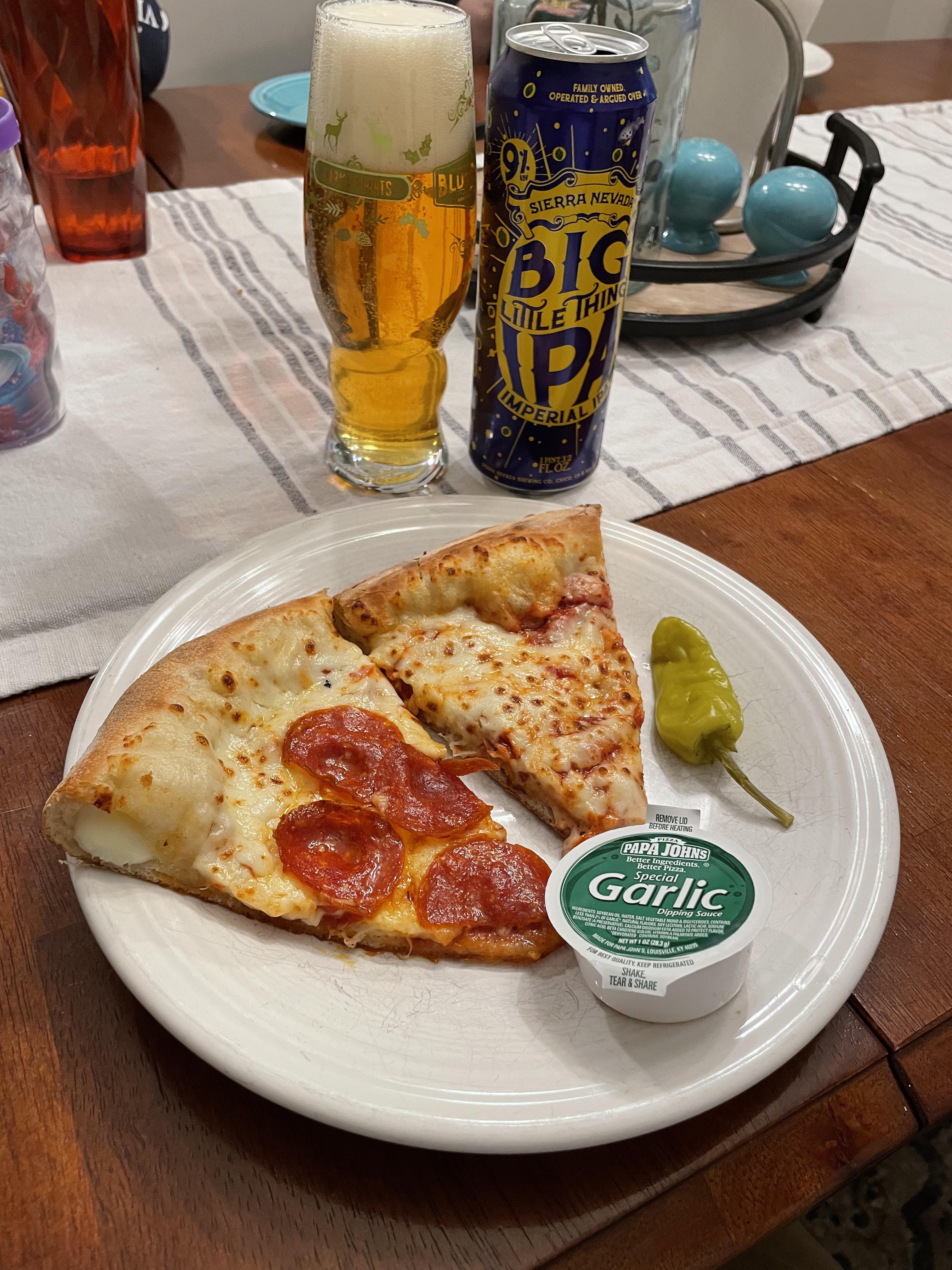 Stuffed crust pepperoni and a plain cheese (from PJ’s) and a Big Little ...