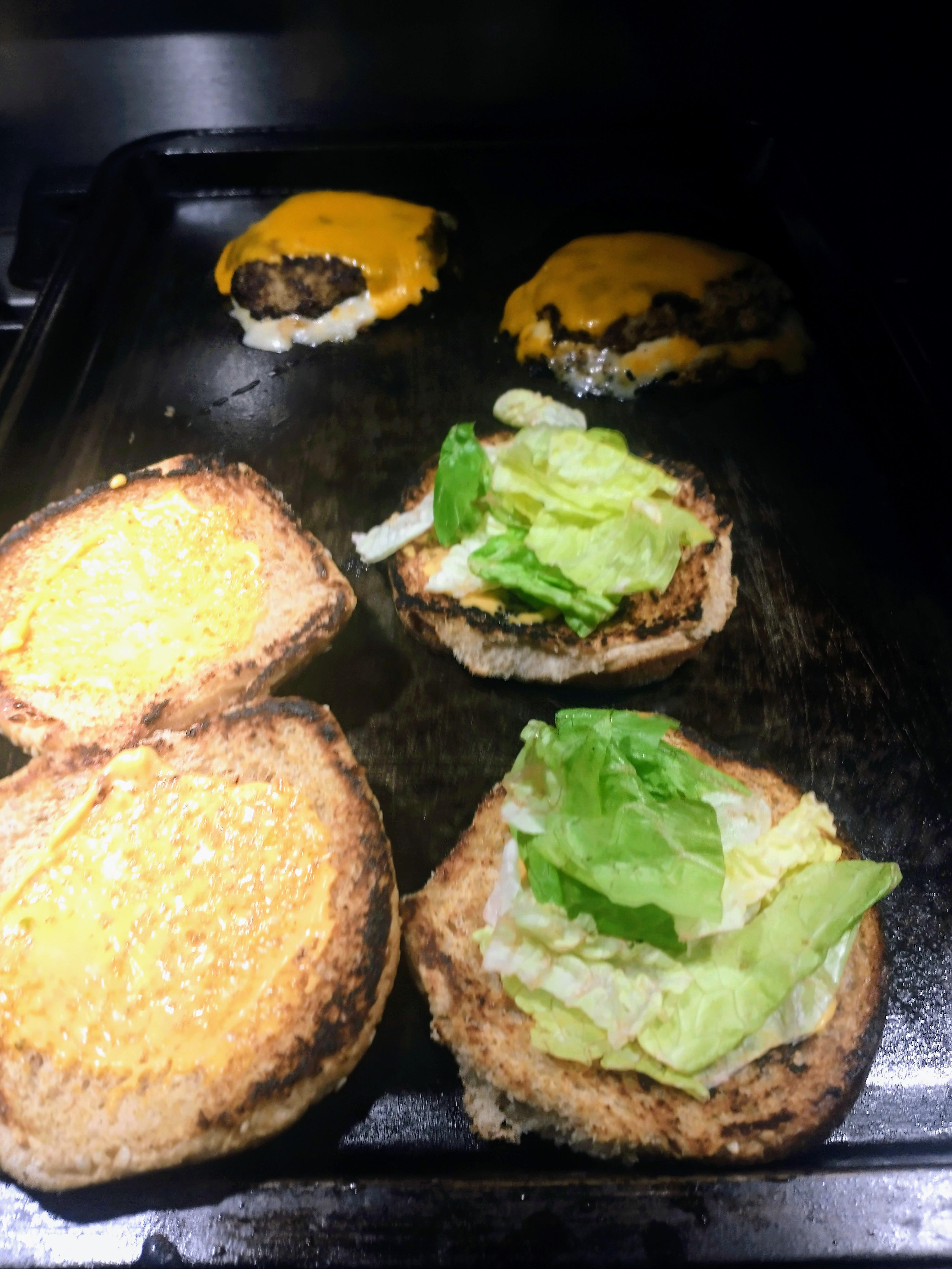 [homemade] Smashed Turkey Burgers with Cheddar and Pepper Jack Cheeses, Romaine Lettuce, and ...