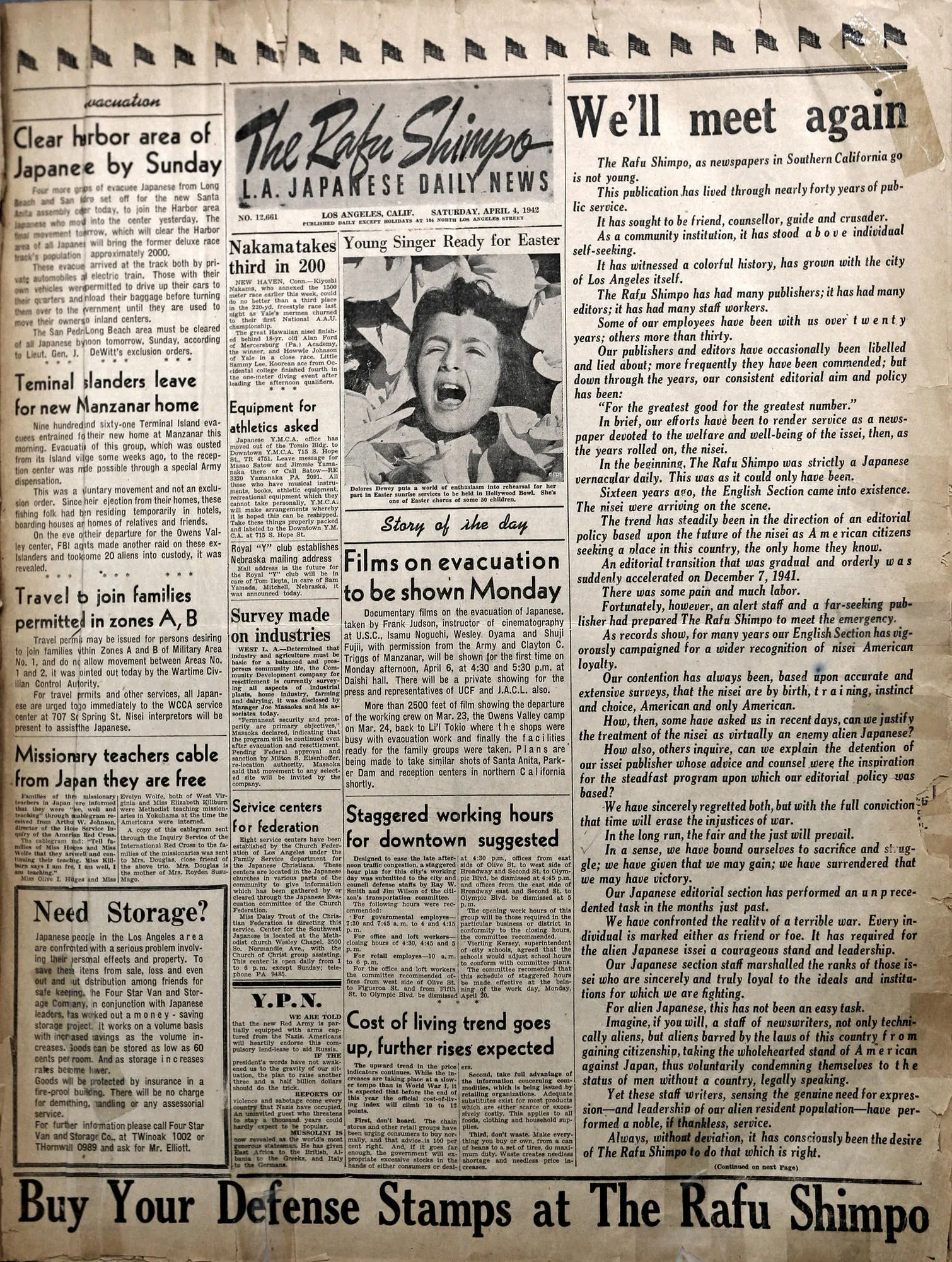 The last issue of Rafu Shimpo before its staff was sent to internment camps, April 4th, 1942 ...