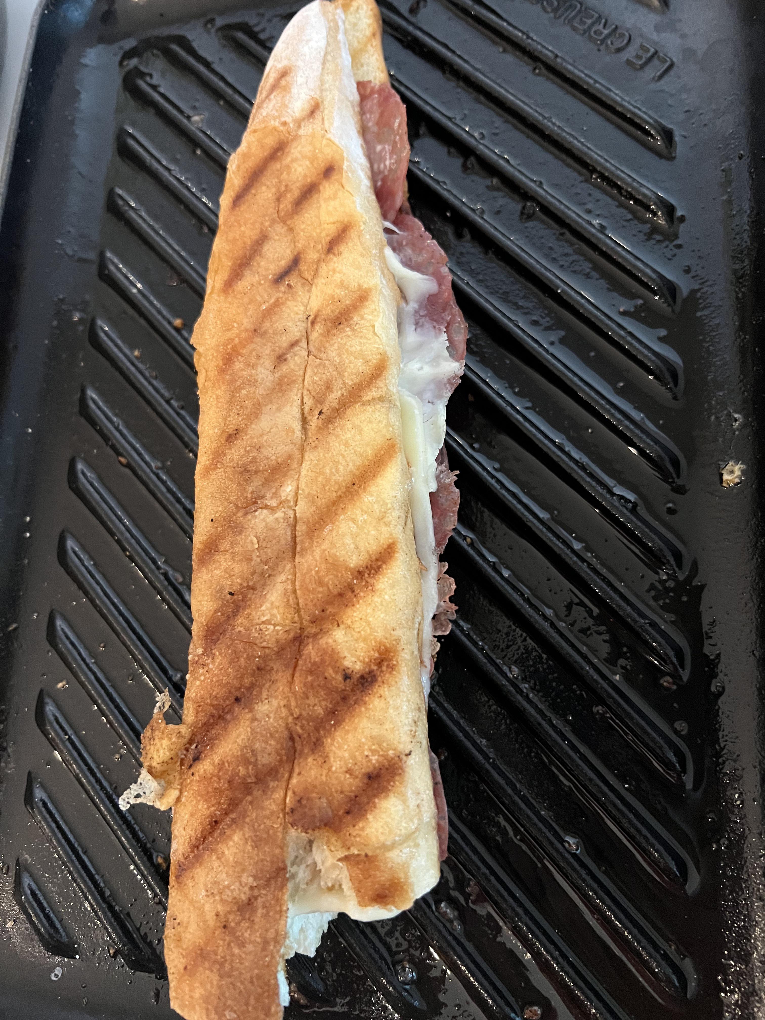 Overnight baguette sandwich on grill skillet | Scrolller